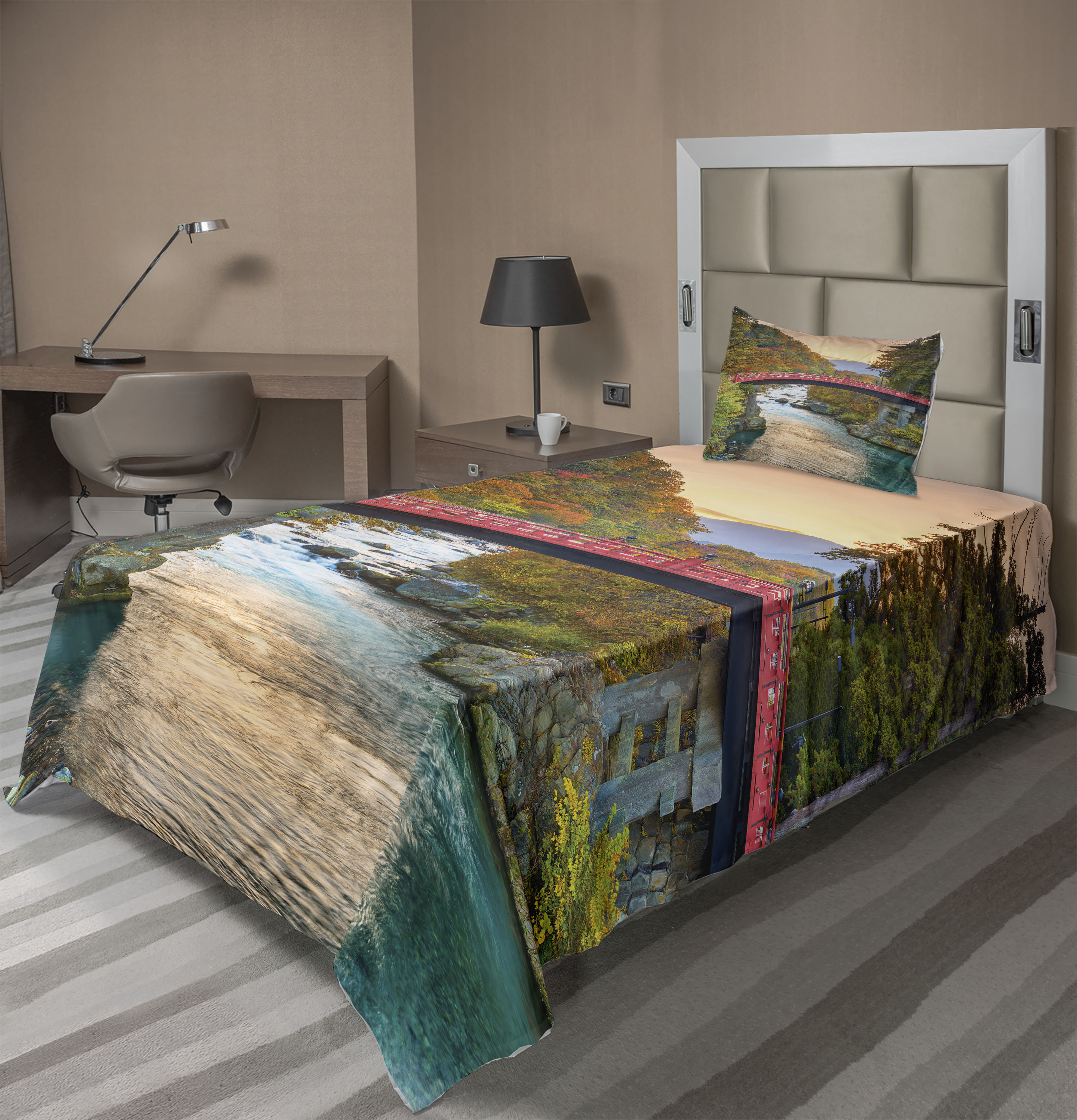 Ambesonne Japan Sheet SetBridge River Sunset Scenery Pale Peach Burnt ...