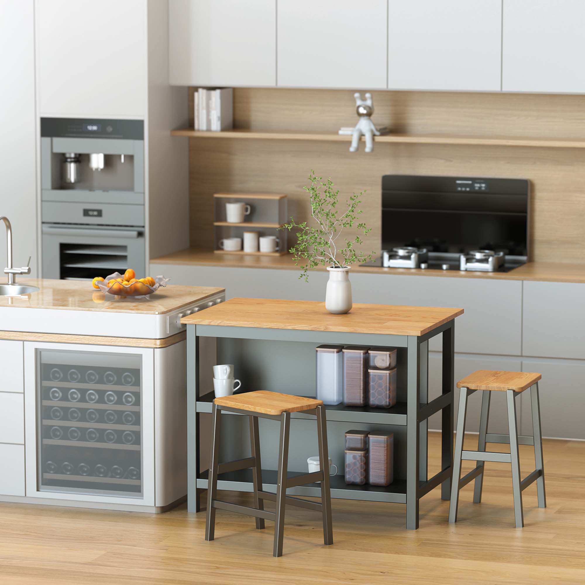 Ebern Designs 3 PCS Pub Dining Set Bar Table,Stool For 2 With Shelf And ...