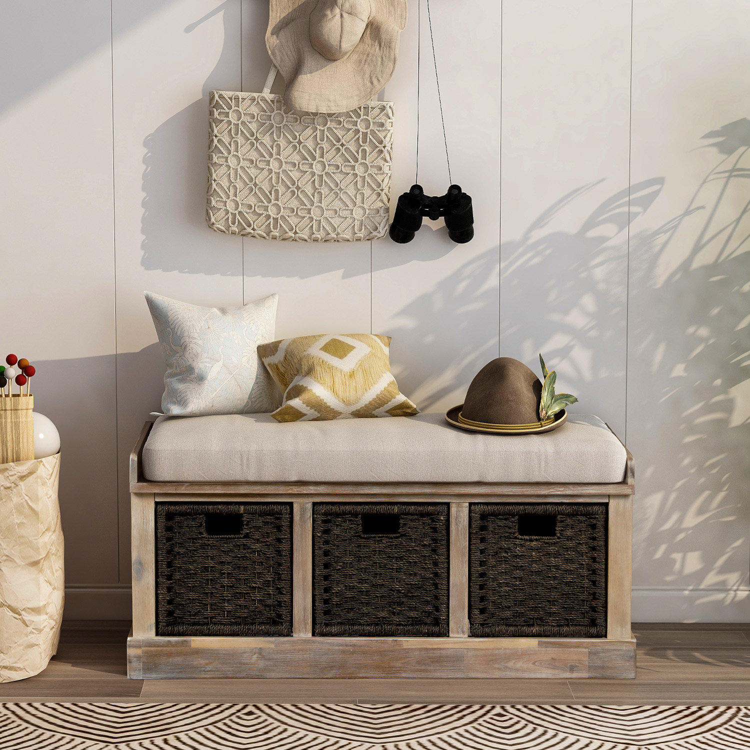 One Allium Way® Rustic Storage Bench with 3 Removable Classic Rattan ...