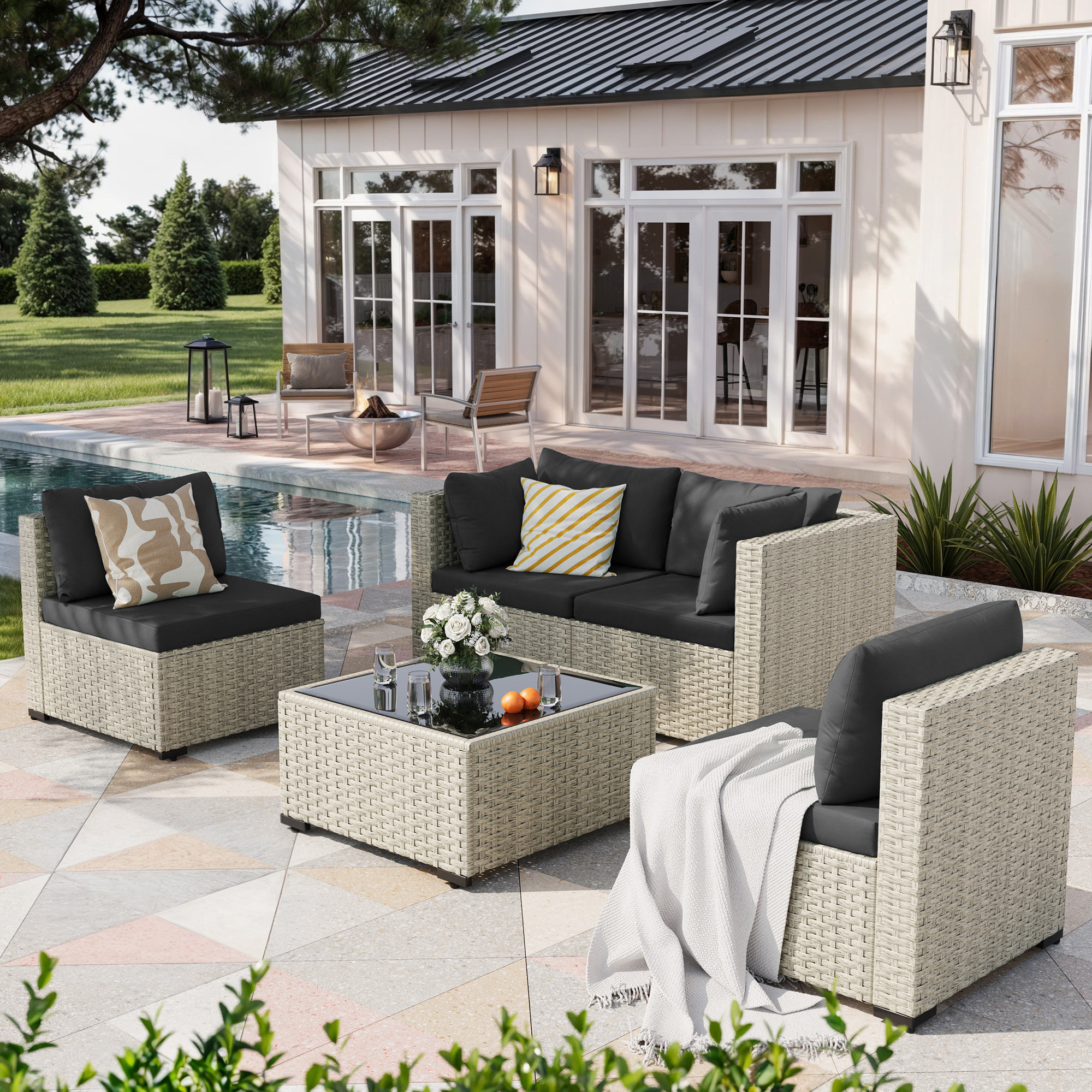 Ebern Designs 5 Pieces Design-Oriented Rattan Patio Conversation Sets ...