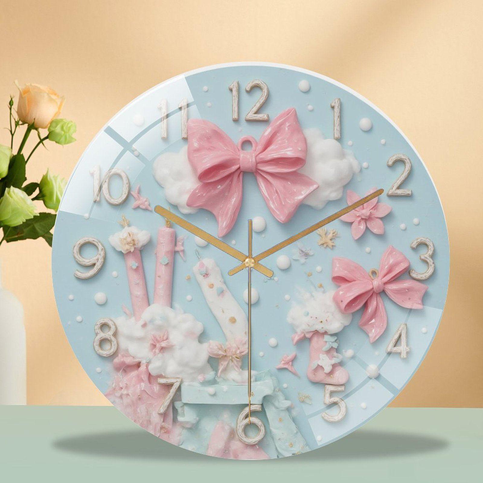 Ophelia & Co. Whimsical-Clock-Face-With-Pink-Bows Art - 12'' Modern ...