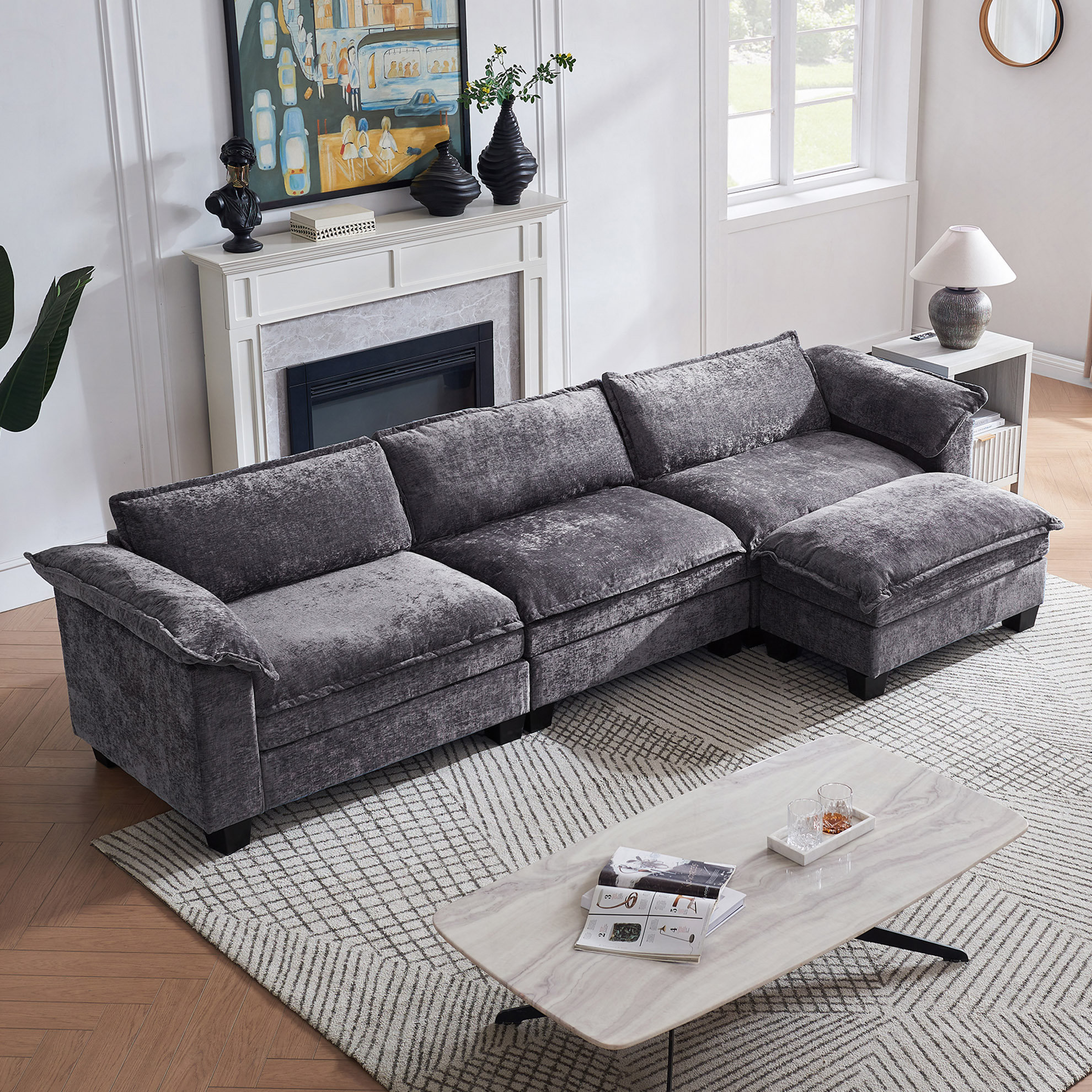 Latitude Run® Comfy Modular Sectional Couch With Ottoman, 120" L Shaped ...