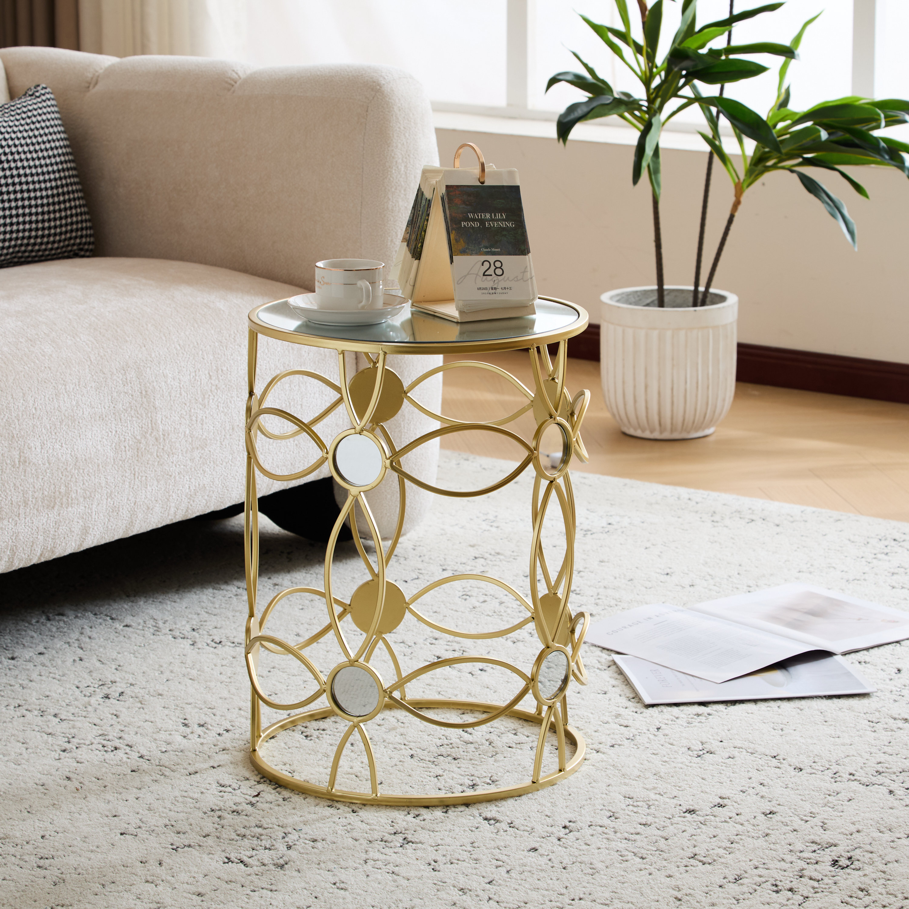 Mercer41 Gold Metal Wire Side Table With Glass Top, 15 X 15 X 20 Inches ...
