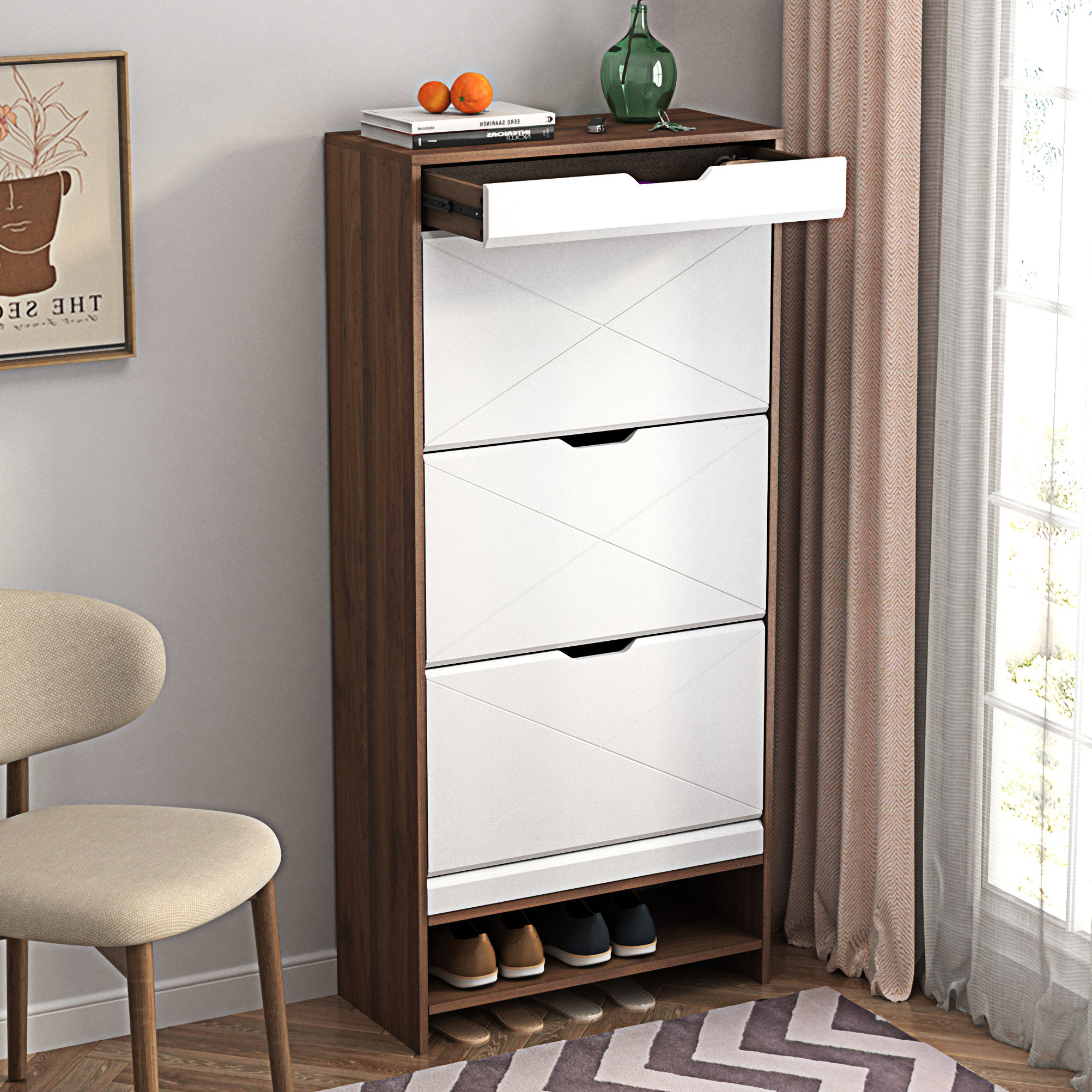 Ebern Designs 3 Tier Shoe Storage Cabinet With Draders For Entryway ...