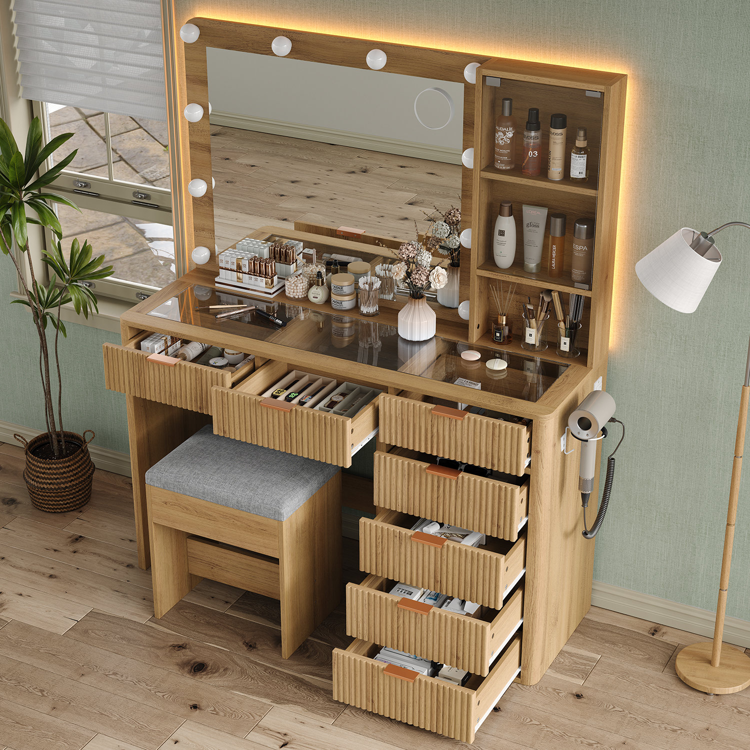 Ivy Bronx 47'' W Fluted Vanity Desk, Makeup Vanity With 10 LED Lights ...