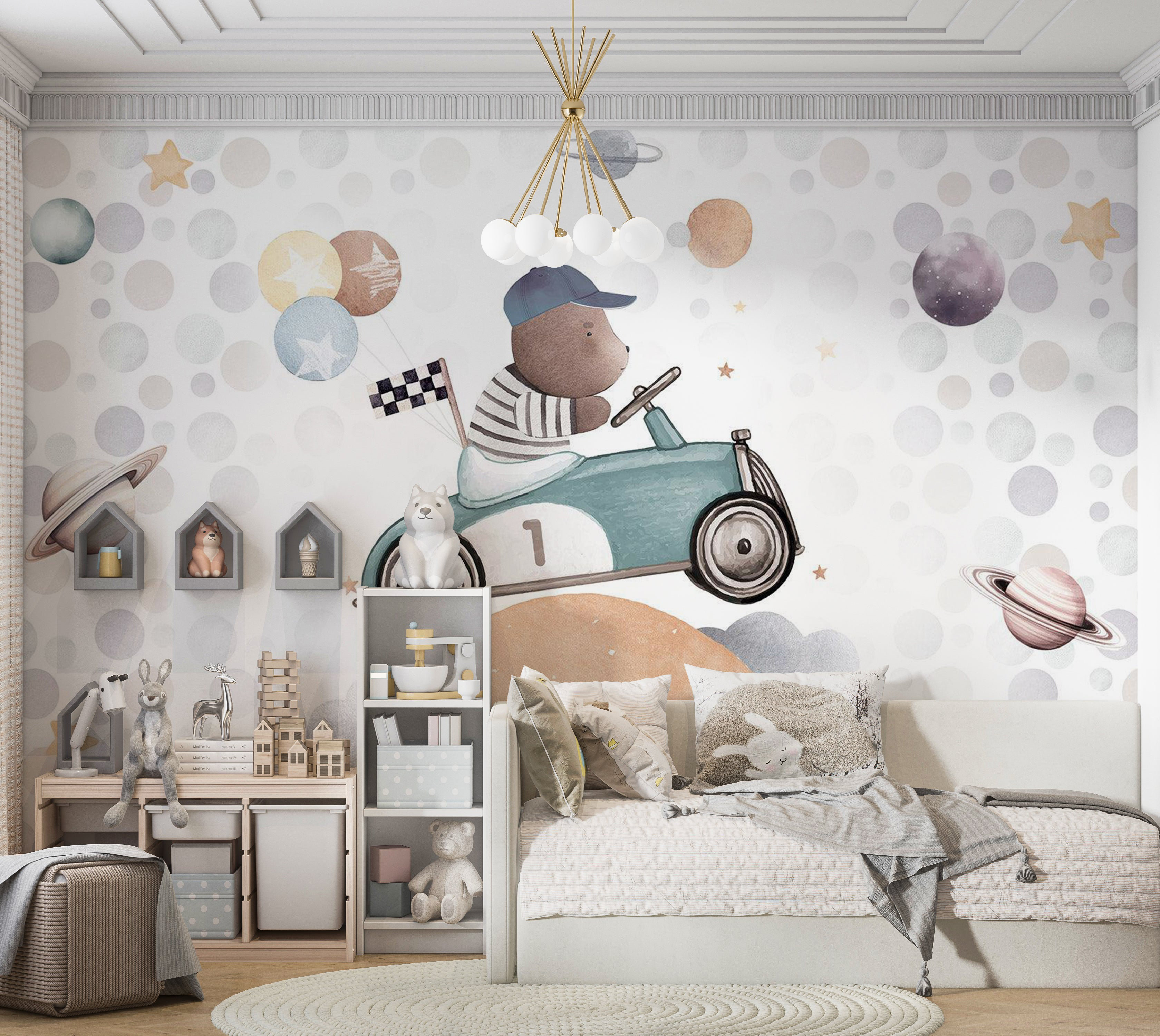 Zoomie Kids Kids Wallpaper Wall Mural - Teddy Bear In A Racing Car ...