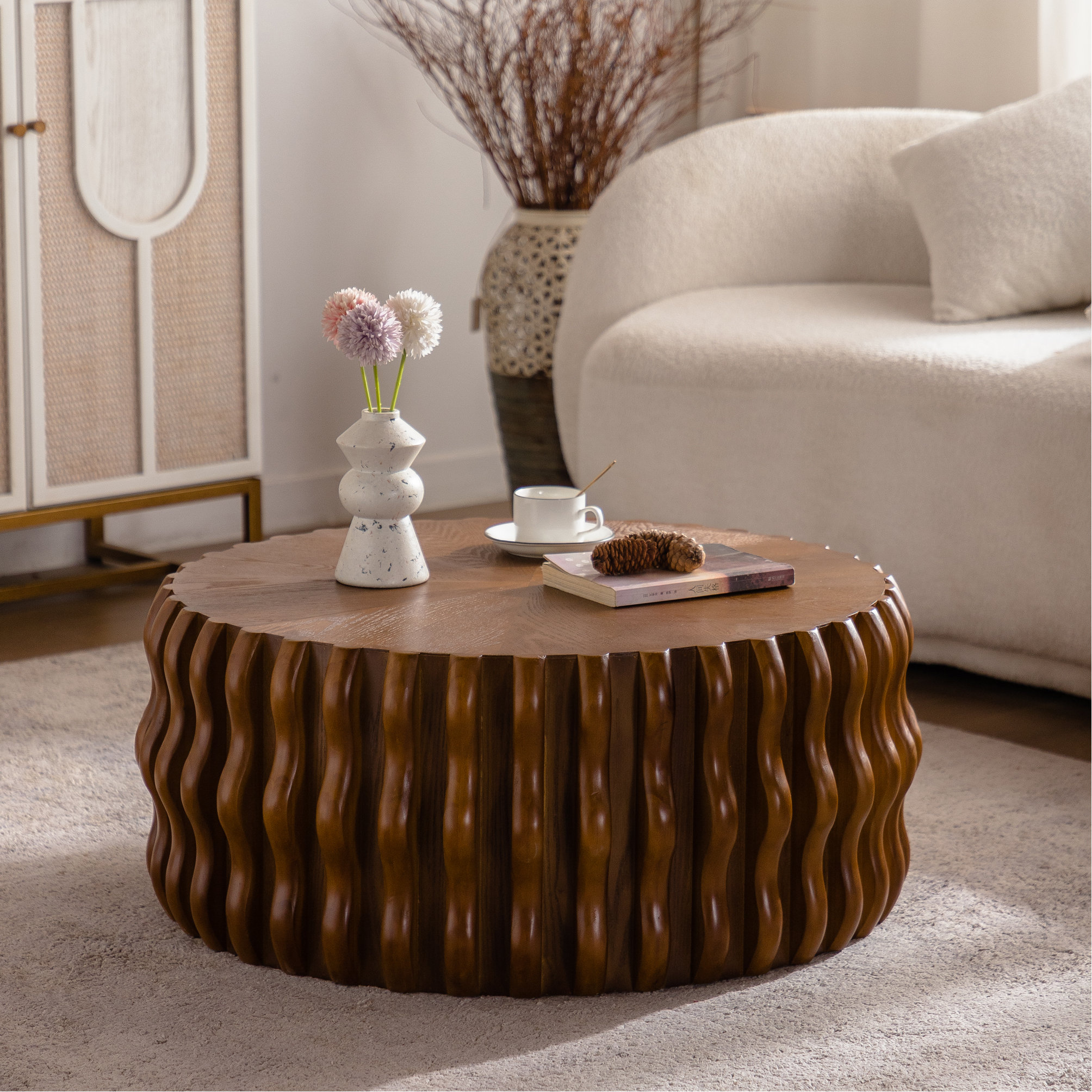 Latitude Run® Drum Fluted Modern Round Coffee Table, Mid Century Circle ...