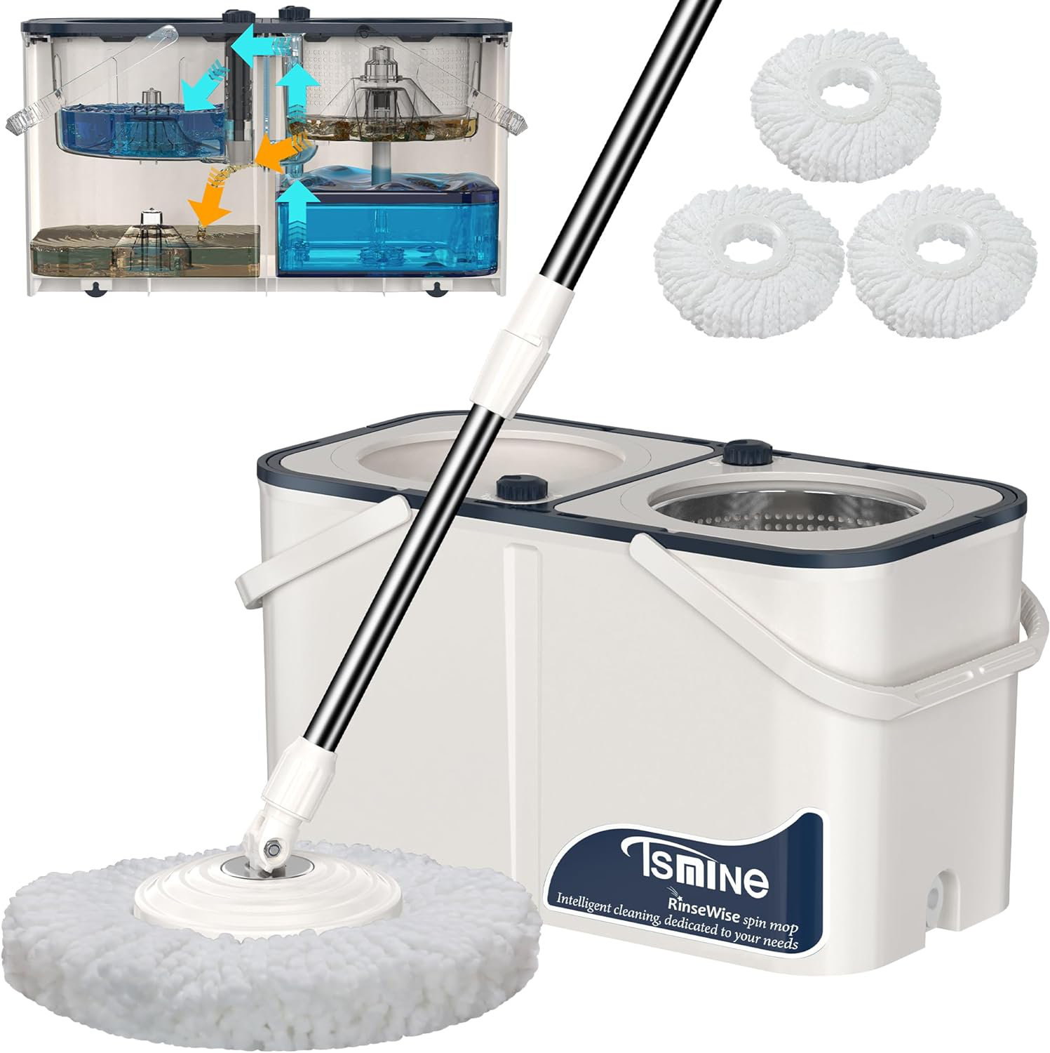 Tsmine Spin Mop andd Bucket System, Separate Dirty and Clean Water,with ...