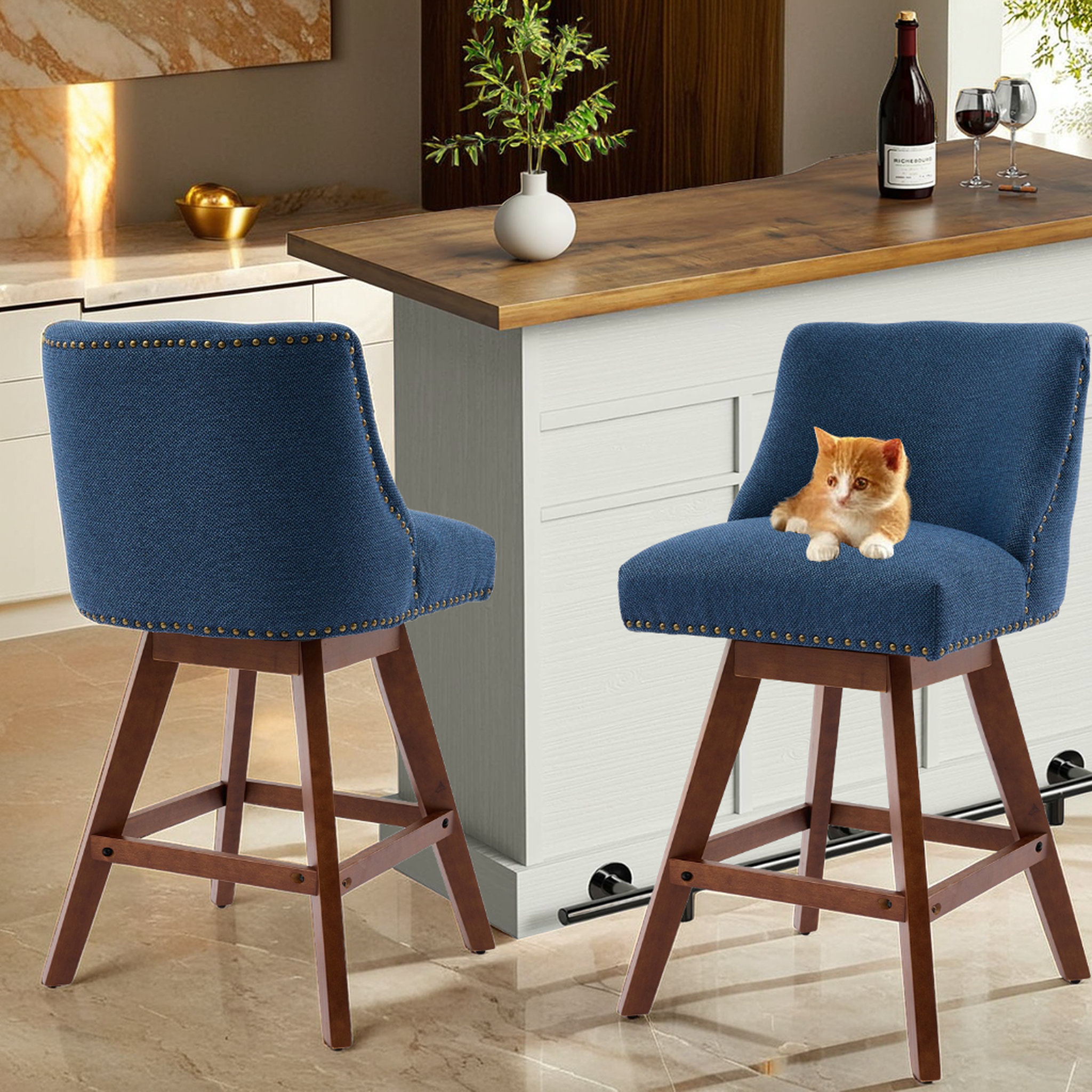 Blu Aired Merch Counter Height Swivel Bar Stools Fabric Upholstered（Set ...