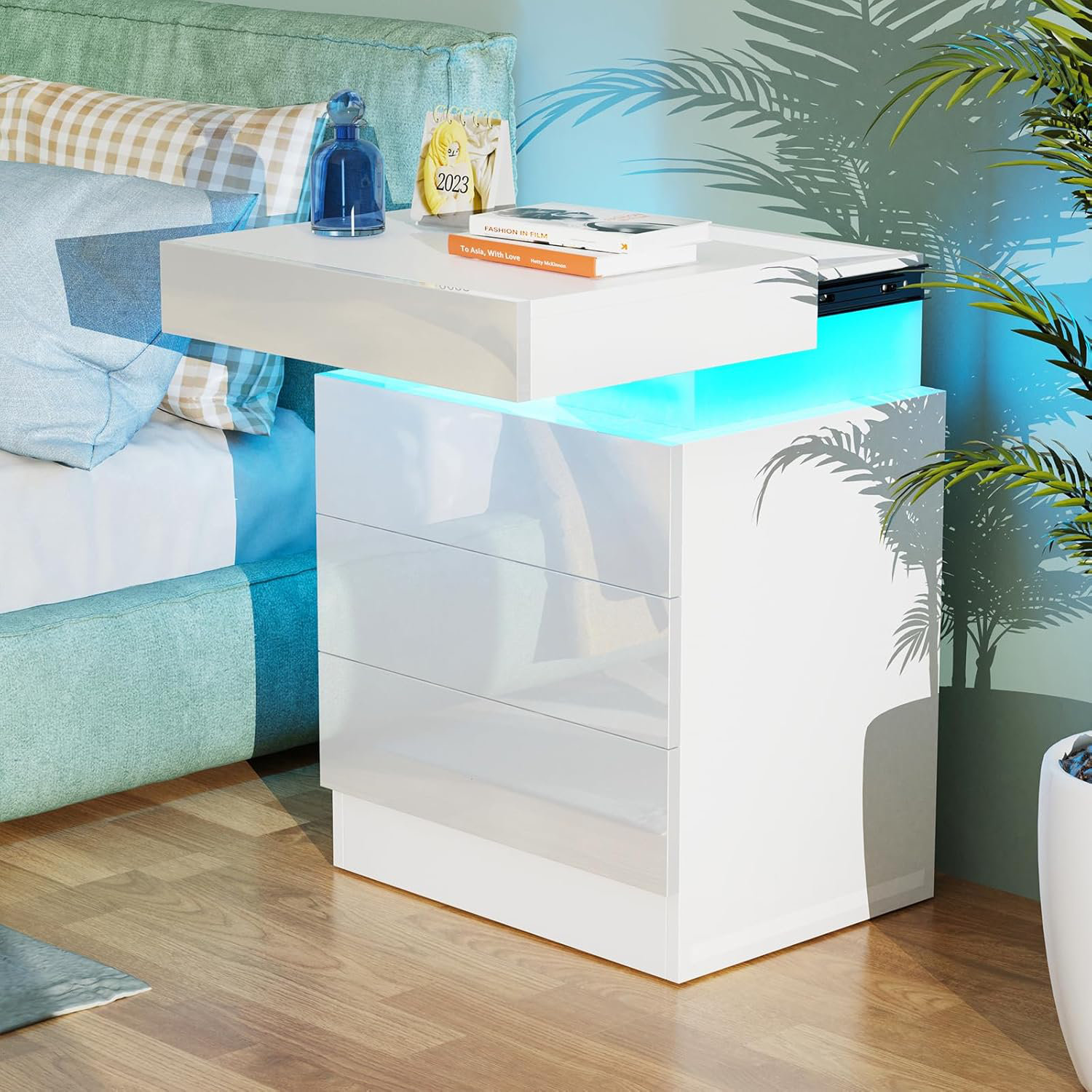 Wrought Studio™ Nightstand with LED Light, 3-Drawer &Flapping Top ...