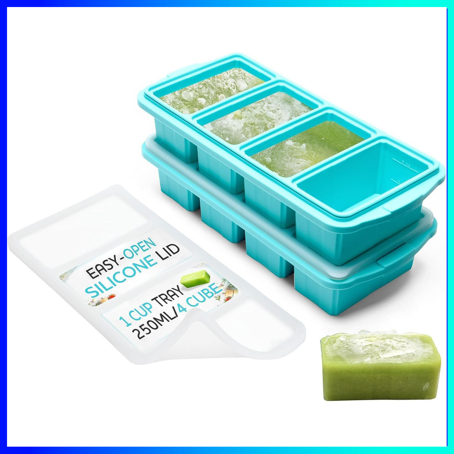 ADVOSON 2-Pack Silicone Freezer Trays With Lids - 1 Cup Portion Cubes ...