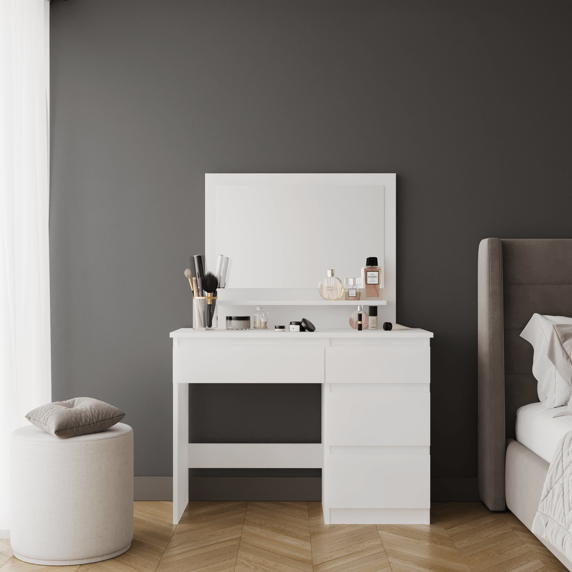 BDR Smart HOME ART Duru Mirrored Drawer Makeup Vanity – Elegant Wood White with Mirrored Drawers ...