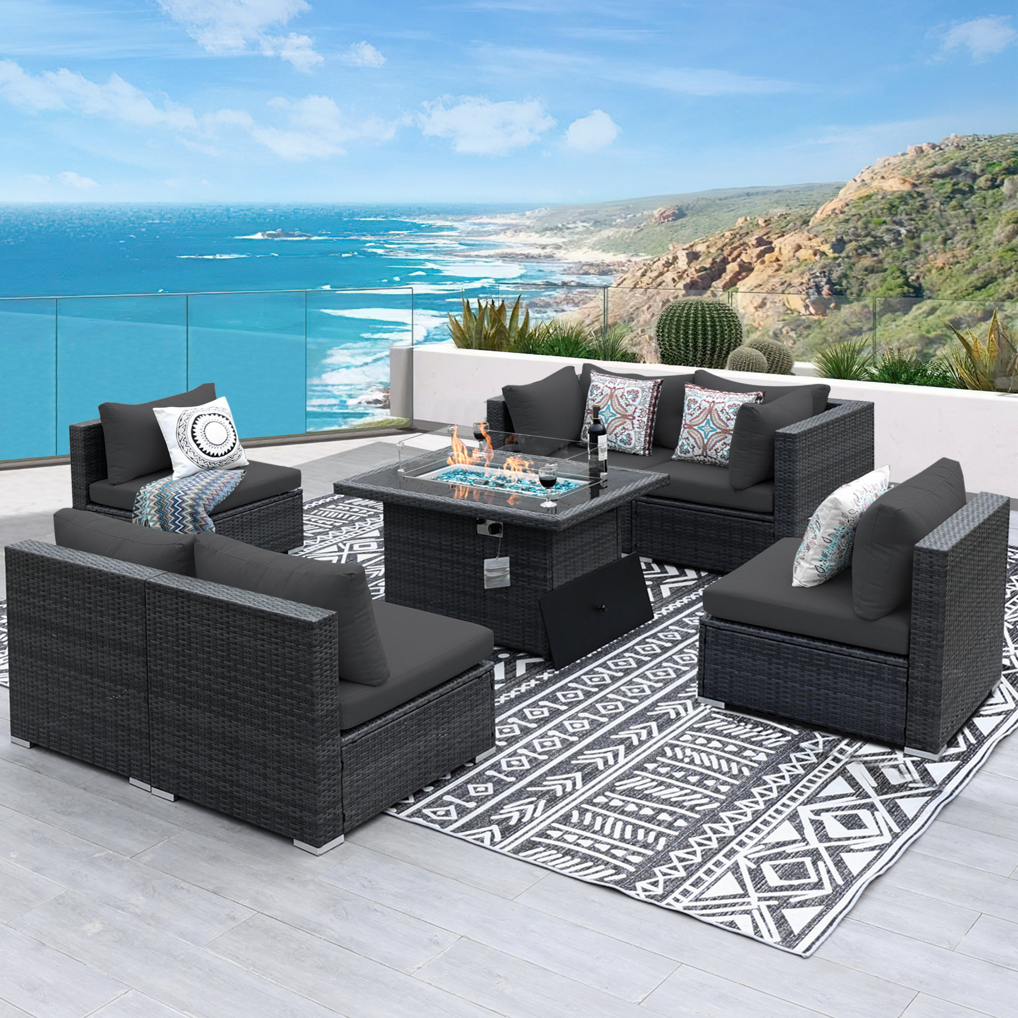 Latitude Run® 7-Piece Outdoor Patio Wicker Sofa Set with Firepit Table ...