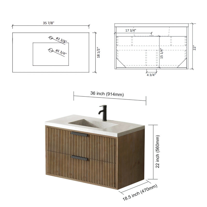 Maxbano Modern 36" Floating Bathroom Vanity with White Single Sink ...