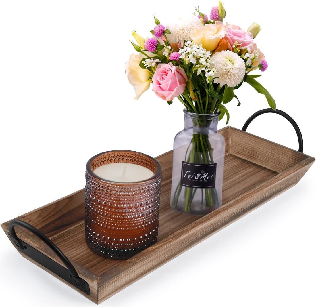 17 Stories Rectangle Wood Candle Tray With Black Metal Handles, Rustic ...