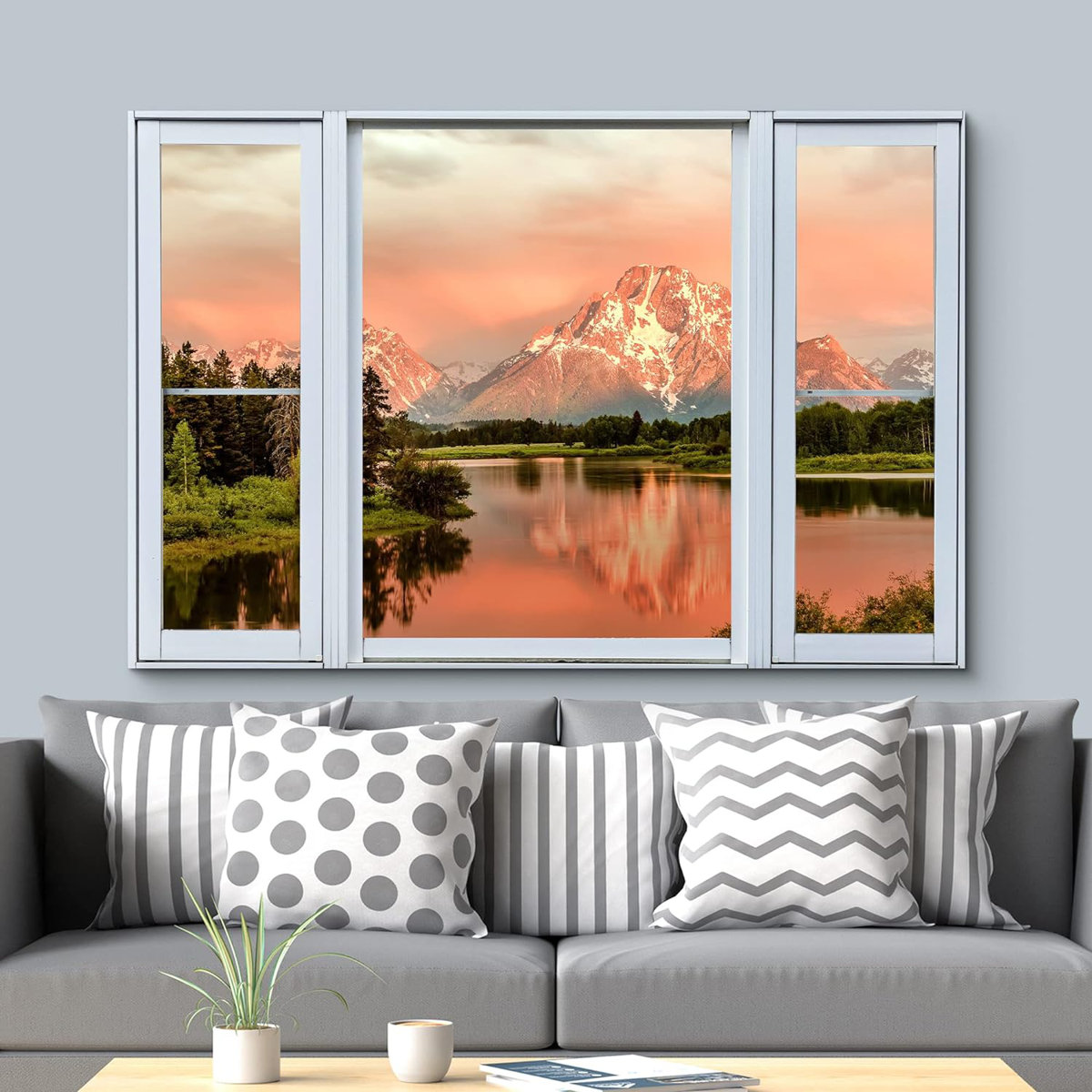 IDEA4WALL Window Scenery " Window View Orange Sunset Mountain Lake ...