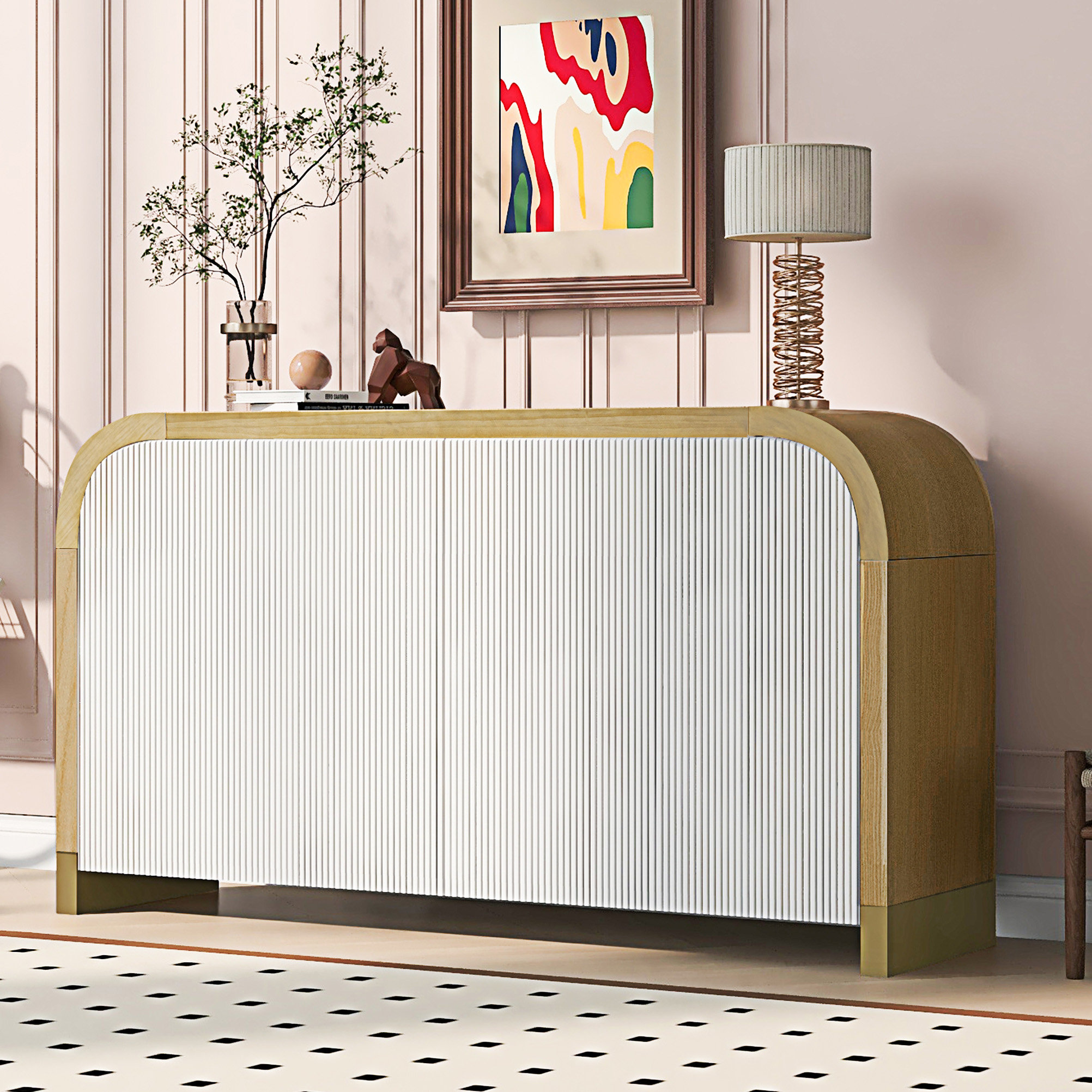 Orren Ellis 4-Door Curved Corner Design Wavy Door Panel Cabinet With ...