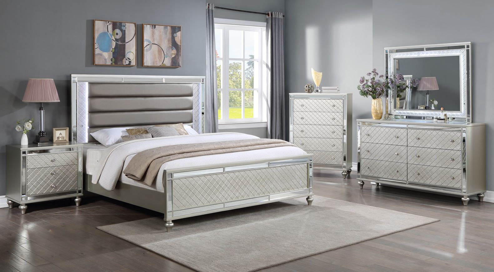 House of Hampton® Marvlene 3-2_Babbie LED Upholstered Panel Bedroom Set ...