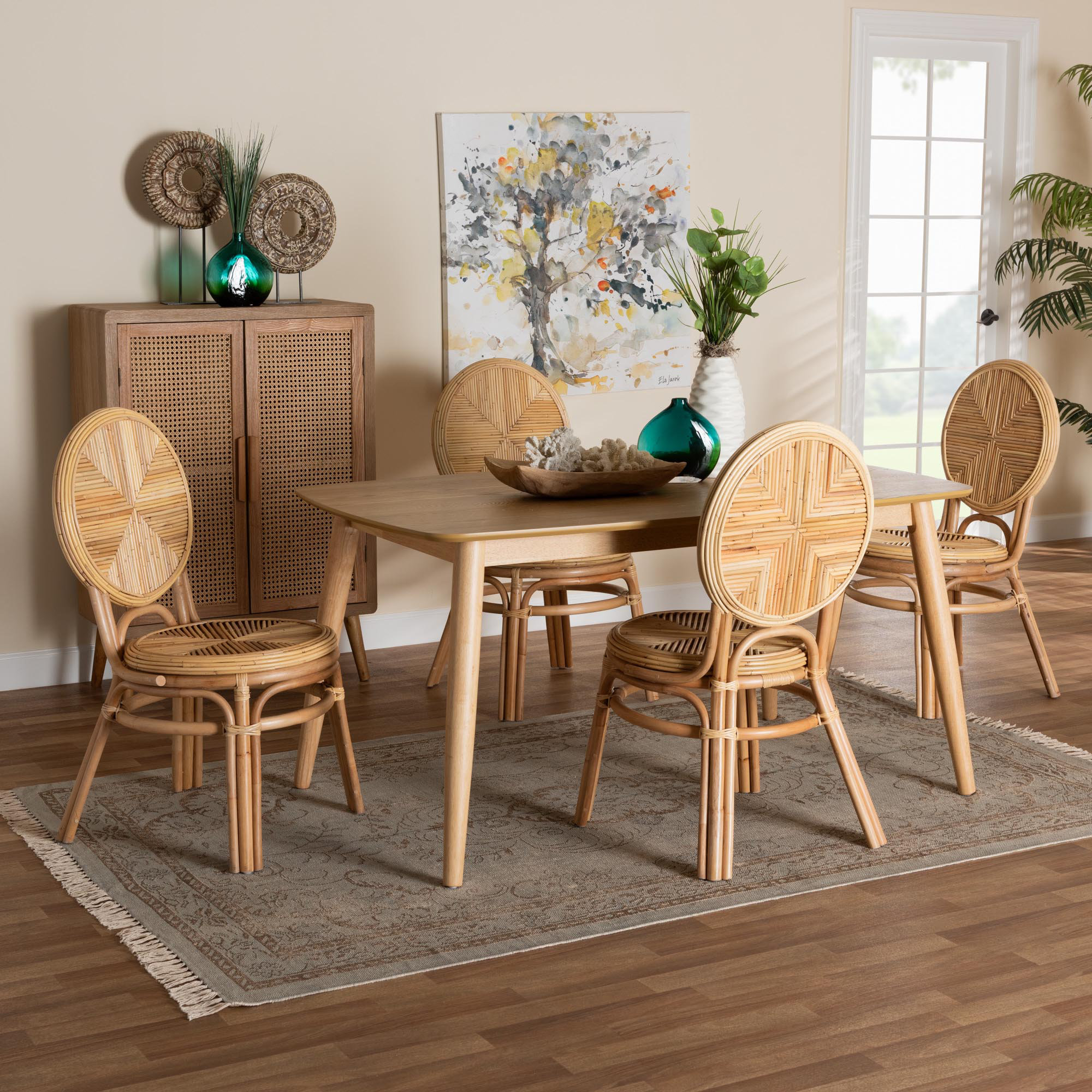 George Oliver Jahsiah 4 - Person Rattan and Teak Wood Dining Set | Wayfair