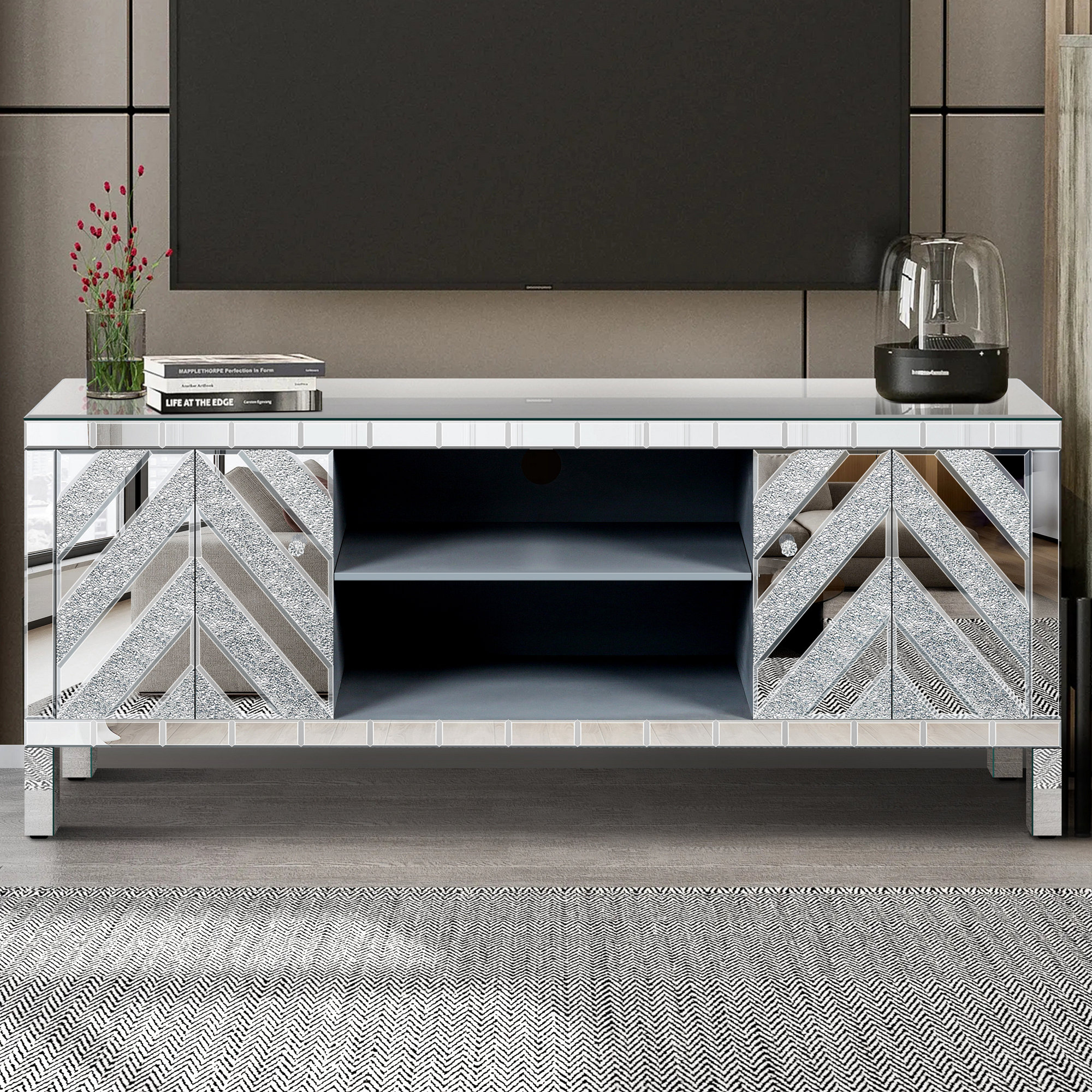 Everly Quinn Mirrored TV Stand For 65+ Inch TV,Sliver TV Console Table ...