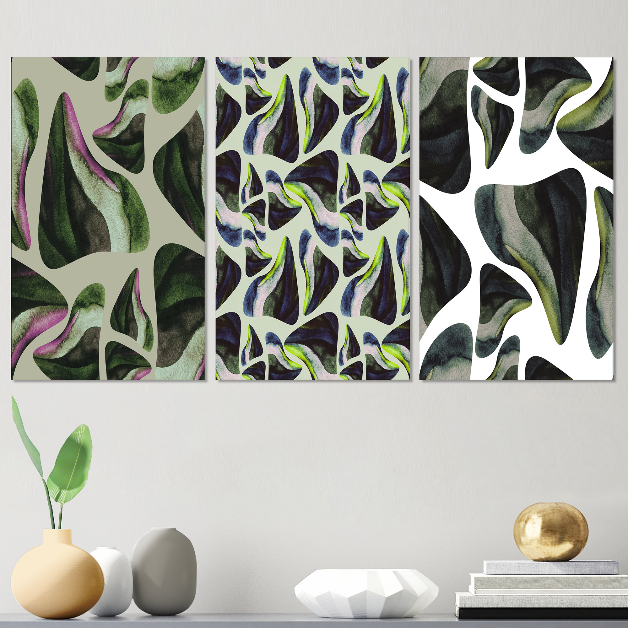 Design Art Abstract Dark Green Elements I - Modern Art Set Of 3 Pieces ...
