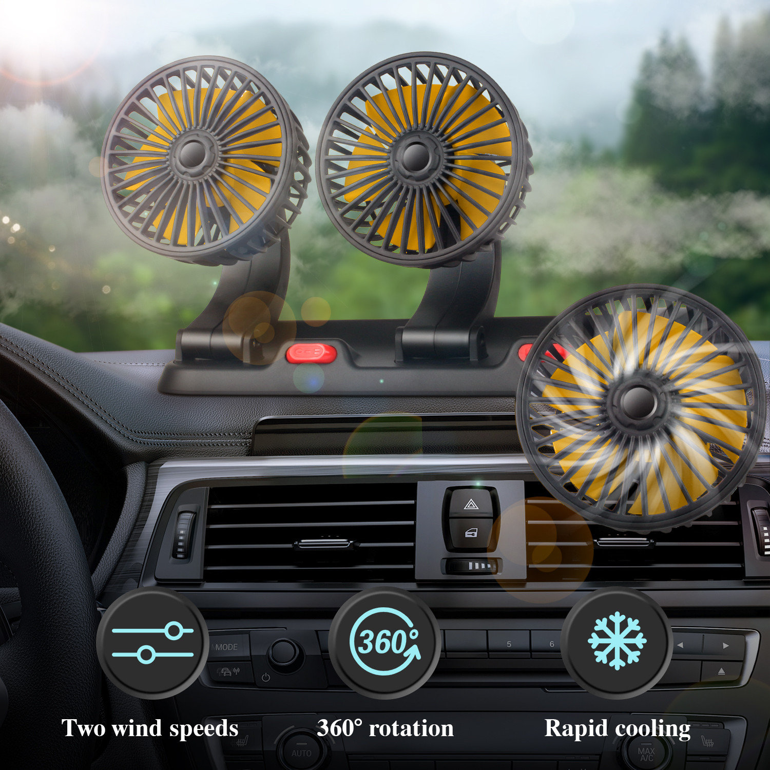 Biyori Car Fan 12V Three Head 360° Rotatable 2 Speeds Portable ...