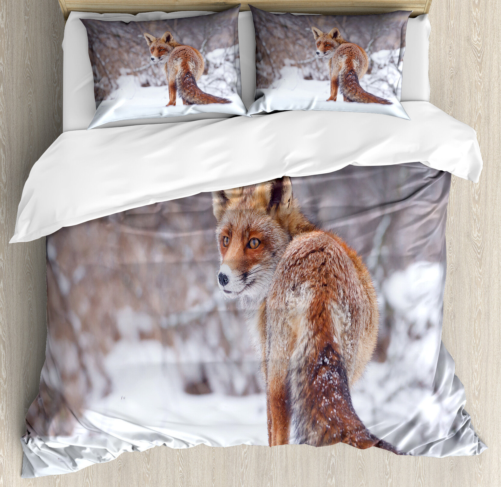 Ambesonne Fox Duvet Cover Set, Snowy Country Furry Animal, Calking ...