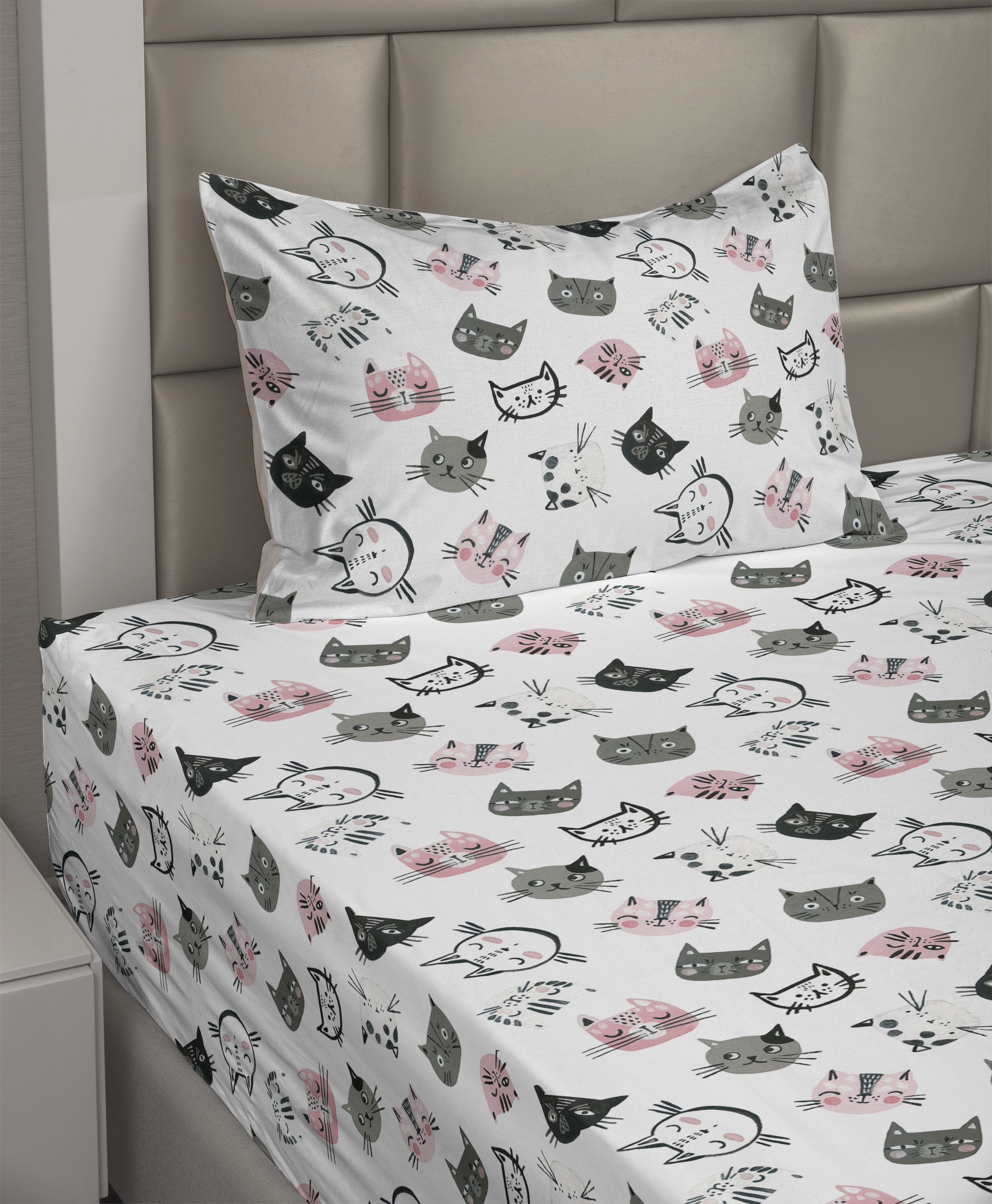 Ambesonne Cat Sheet Set Little Kitty Faces Cartoon Art Rose Dark Grey ...