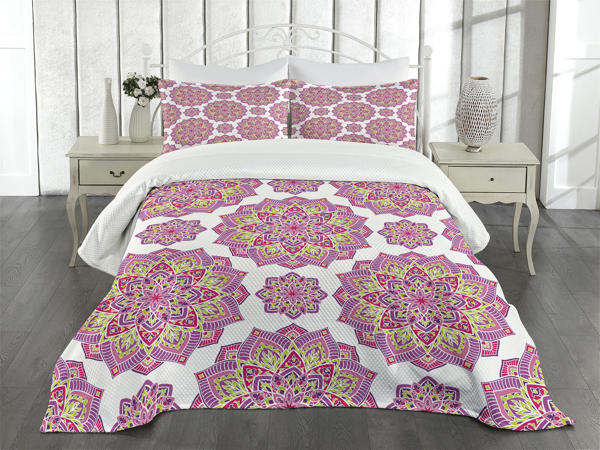 Ambesonne Purple Mandala Bedspread Set Lotus Essence Lime Green Fuchsia ...