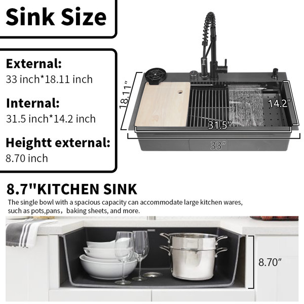 TTG PACE 33'' L Drop-in Single Bowl Stainless Steel Kitchen Sink ...