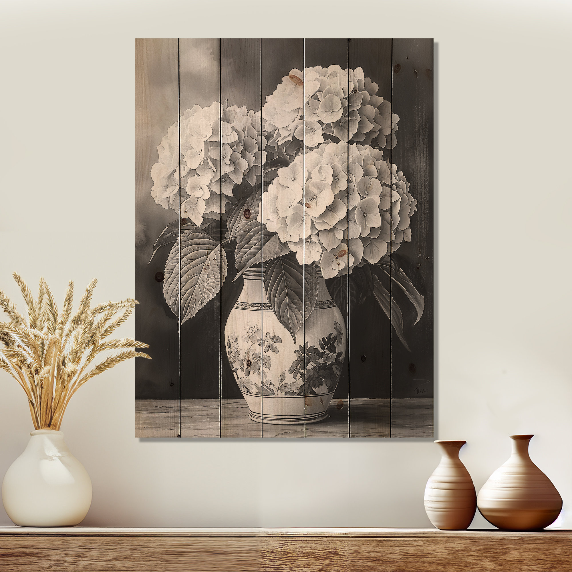Ophelia & Co. Hydrangea In Monochrome Vase II - Hydrangea Wood Wall Art ...