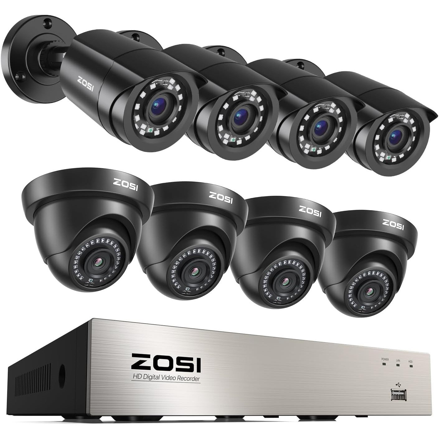 ZOSI 8CH 1080P DVR Security Camera System, 8 Wired Outdoor Bullet/Dome ...