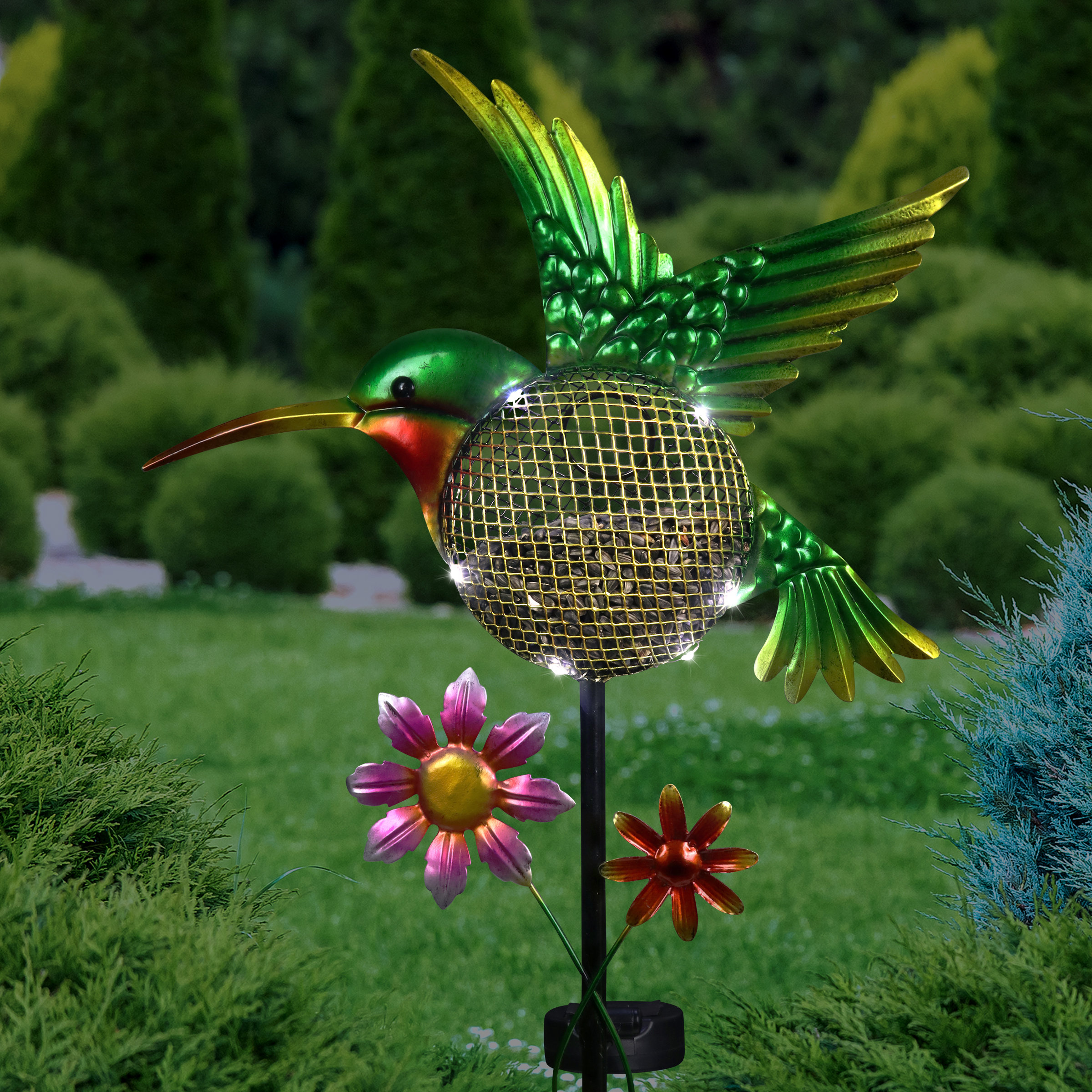Exhart Solar Hand Painted Hummingbird Mesh Pellet Bird Feeder Garden ...