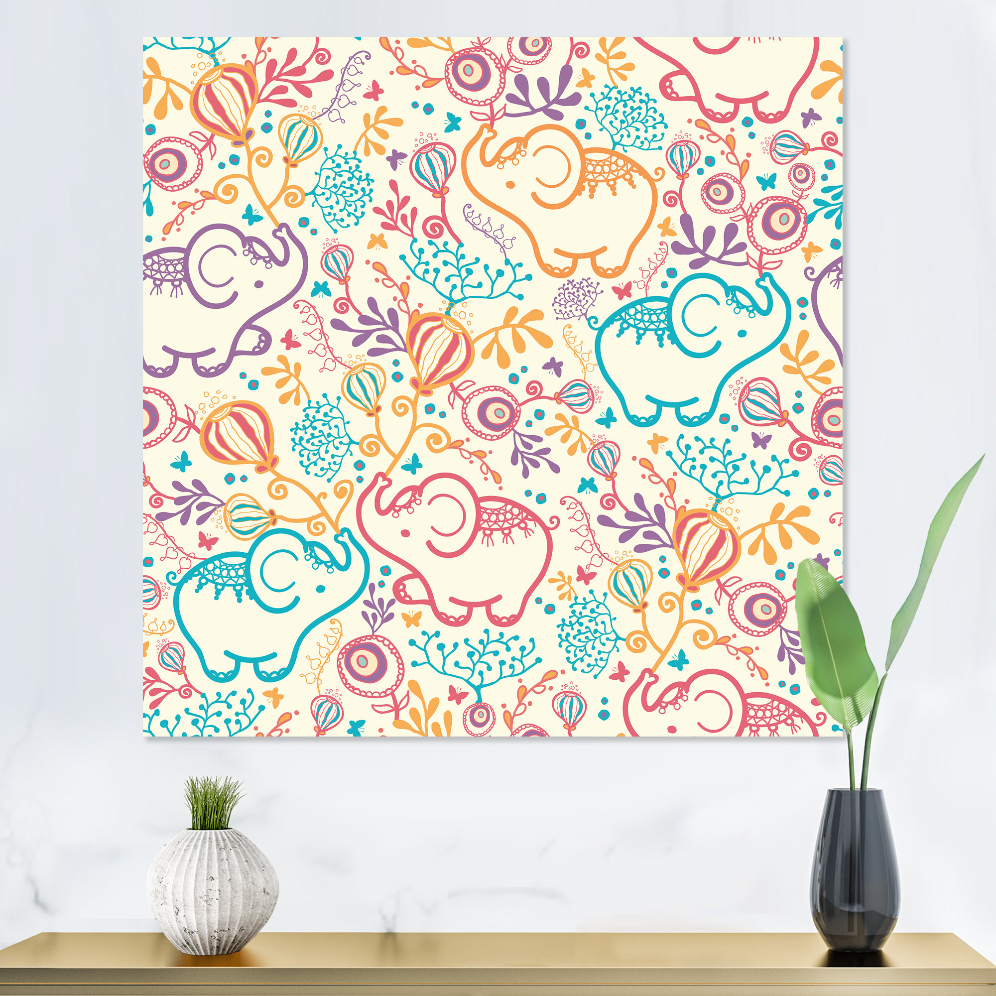 East Urban Home Black And Blue Yellow And Purple Elephants - Print on ...