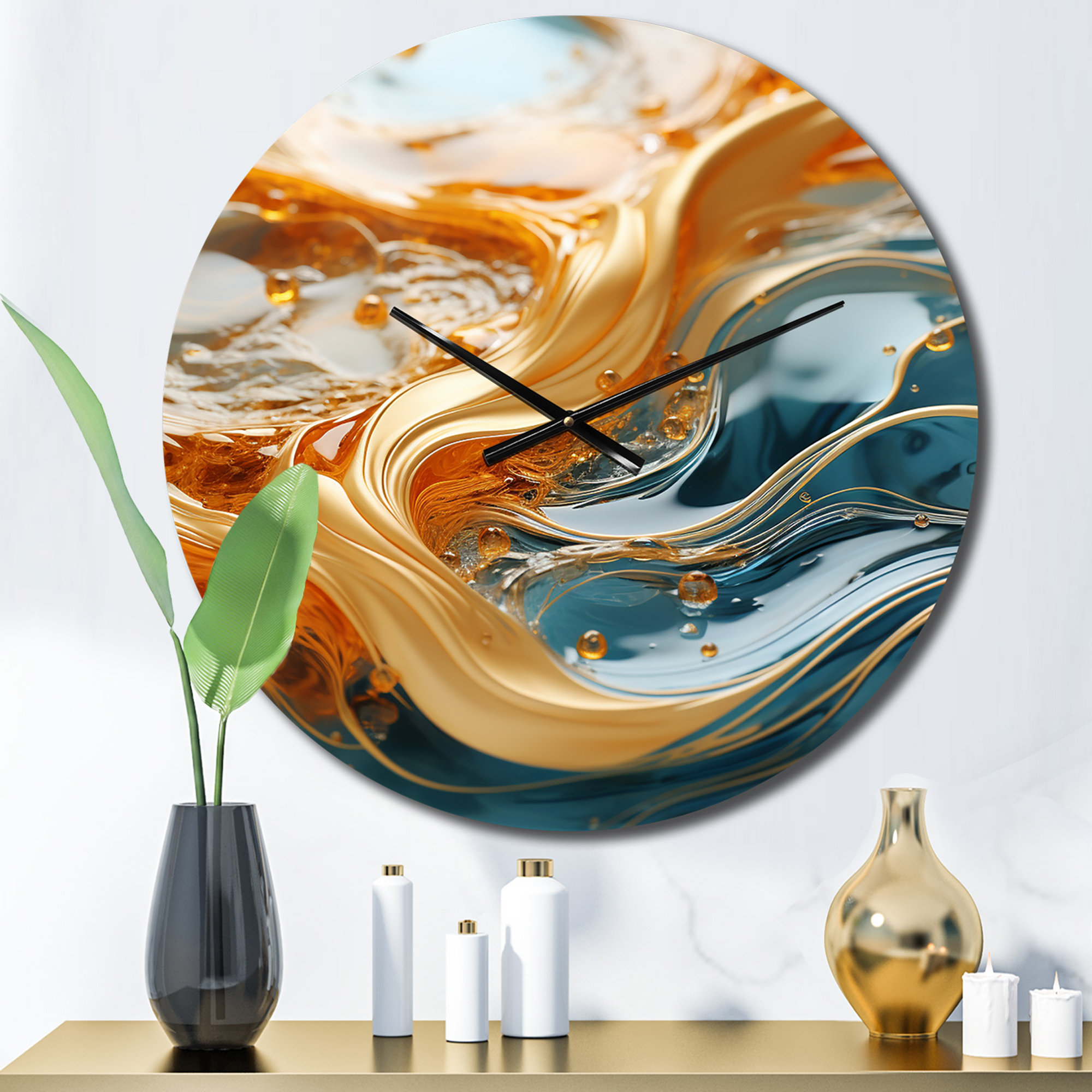 Design Art Bold Gold Elegant Wave On Blue Metal Wall Clock | Wayfair