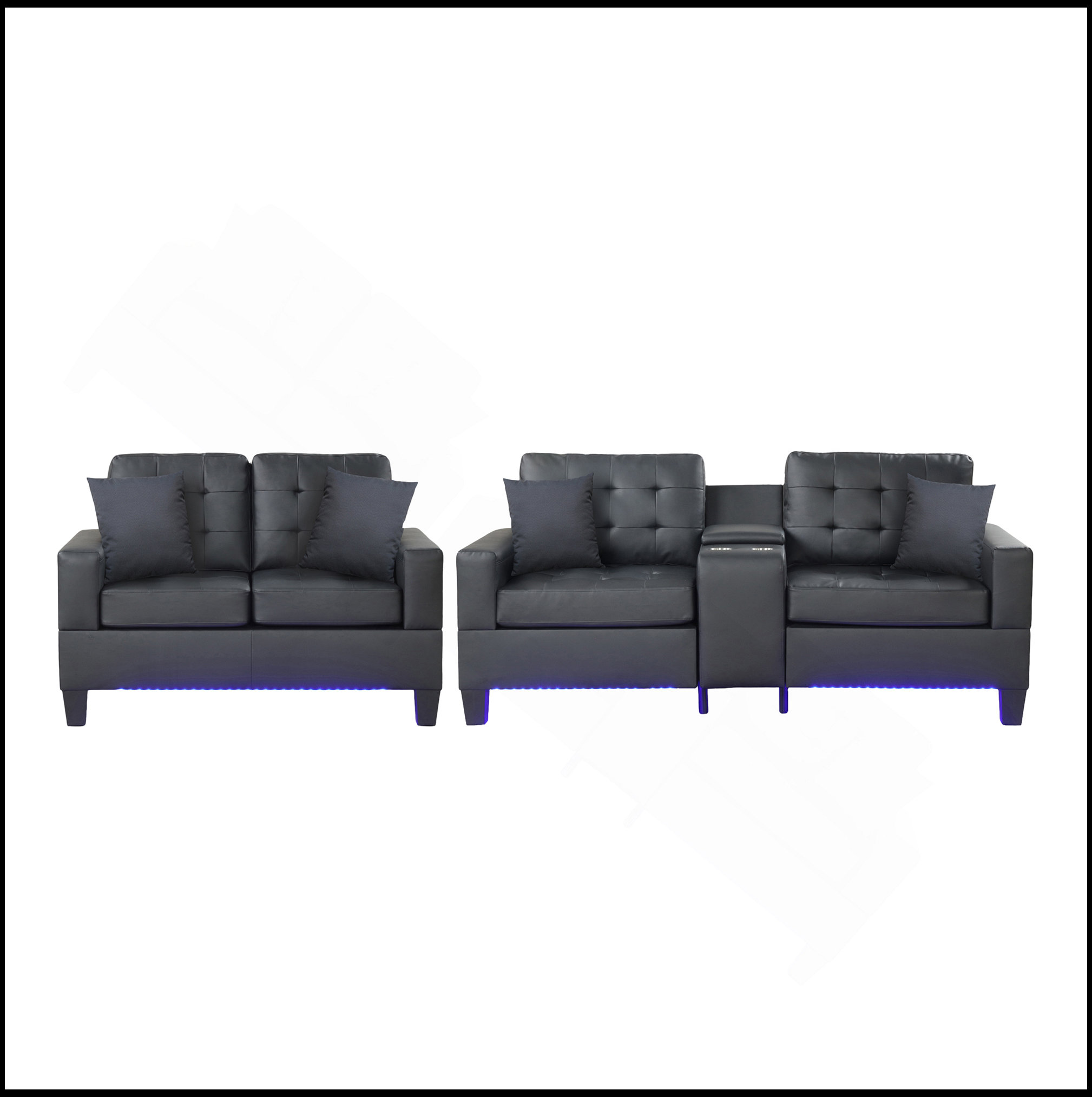 Brayden Studio Genesis Black PVC Fabric Sofa Loveseat Living Room Set ...