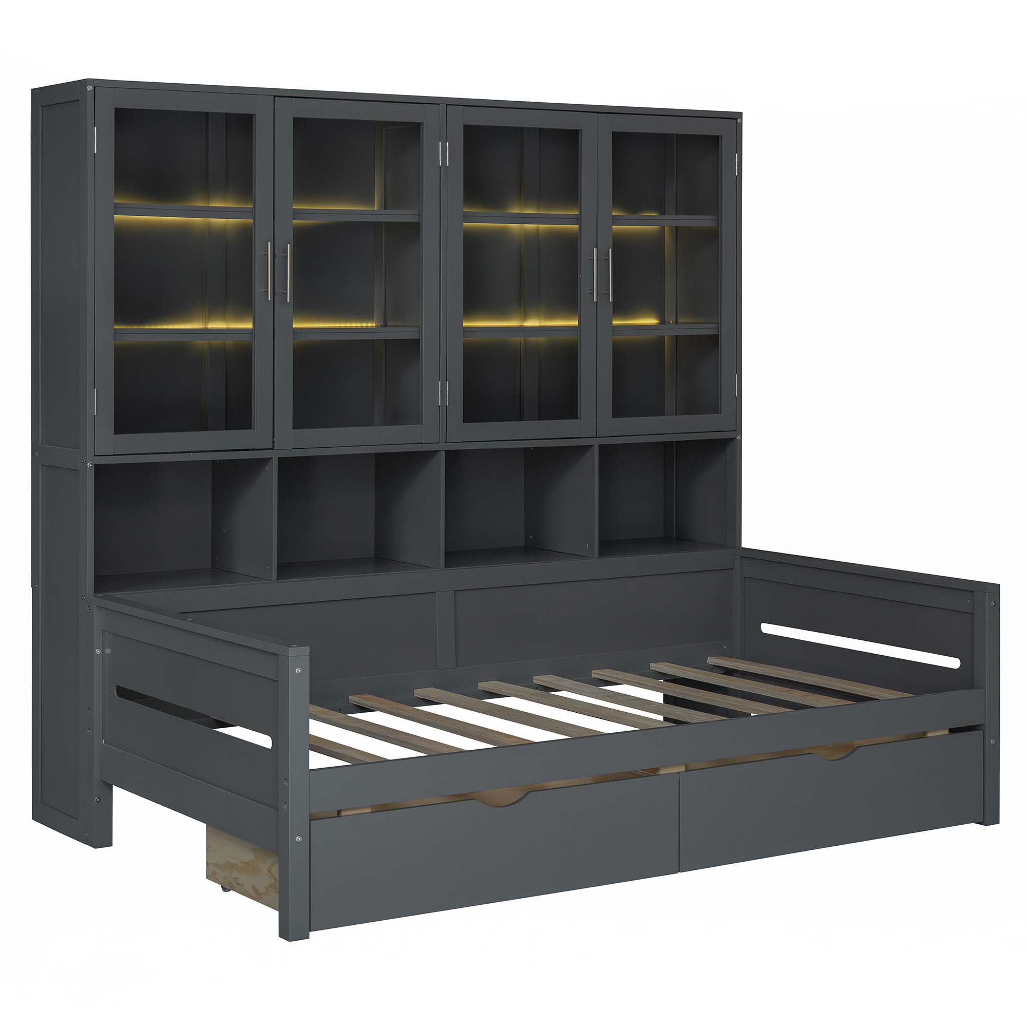 Hokku Designs Wooden Daybed With Glass-Door Storage Cabinets, Built-In ...