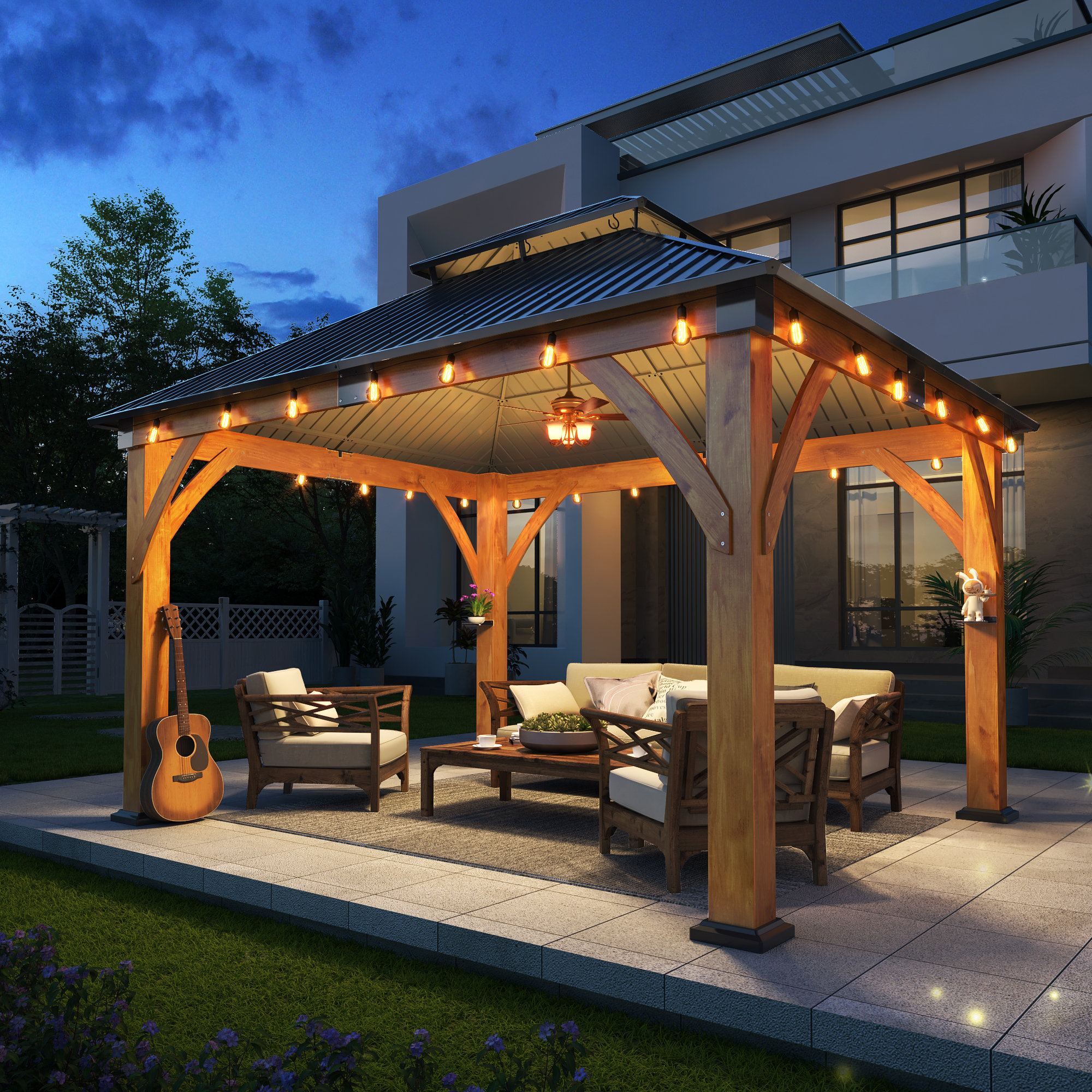 Gartoo Outdoor Spruce Wood Hardtop Gazebo, Patio Double Roof Galvanized ...