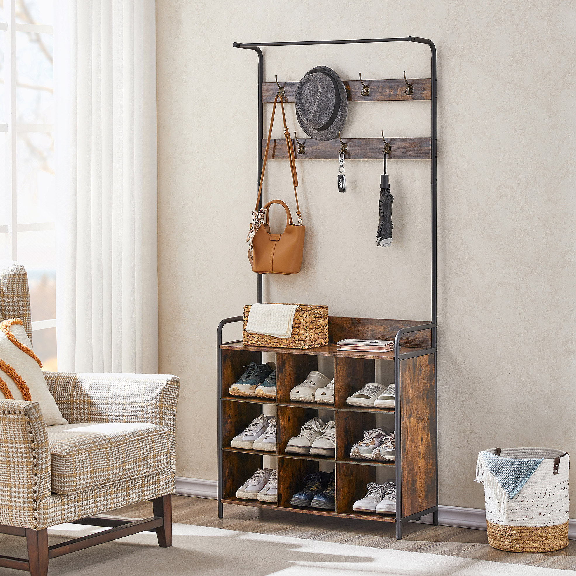 17 Stories Antique brown Hall Tree with Shelves, Hooks in Solid ...