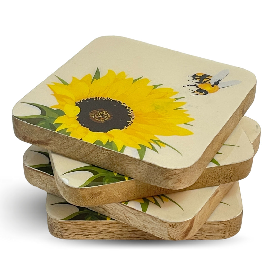 Lexi Home Mango Wood 4 x 4 Sunflower Bee Coasters | Wayfair