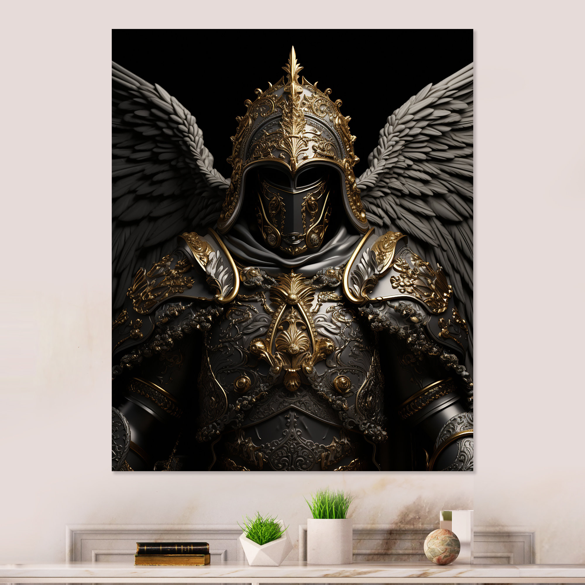 Alcott Hill® Black Golden Winged Knight - Fantasy Metal Wall Art | Wayfair