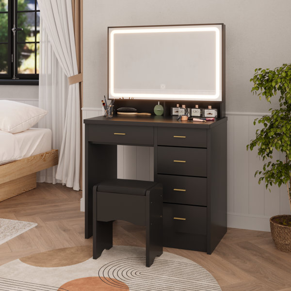 Wrought Studio™ Mickyla Vanity Desk With Lights Mirror & Stool ...