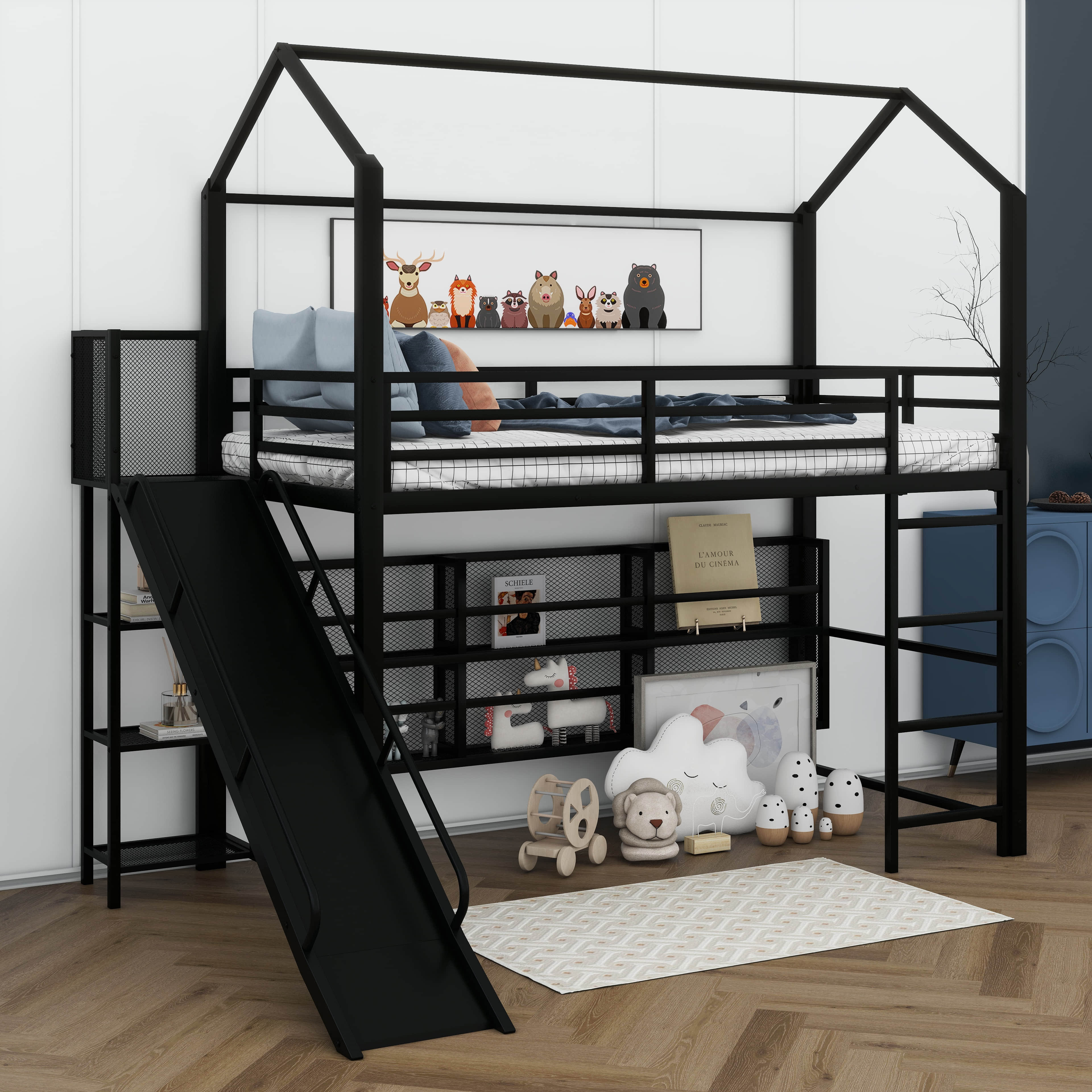 Harper Orchard Twin-Sized Metal Loft Bed , Featuring Iron Mesh Shelves ...