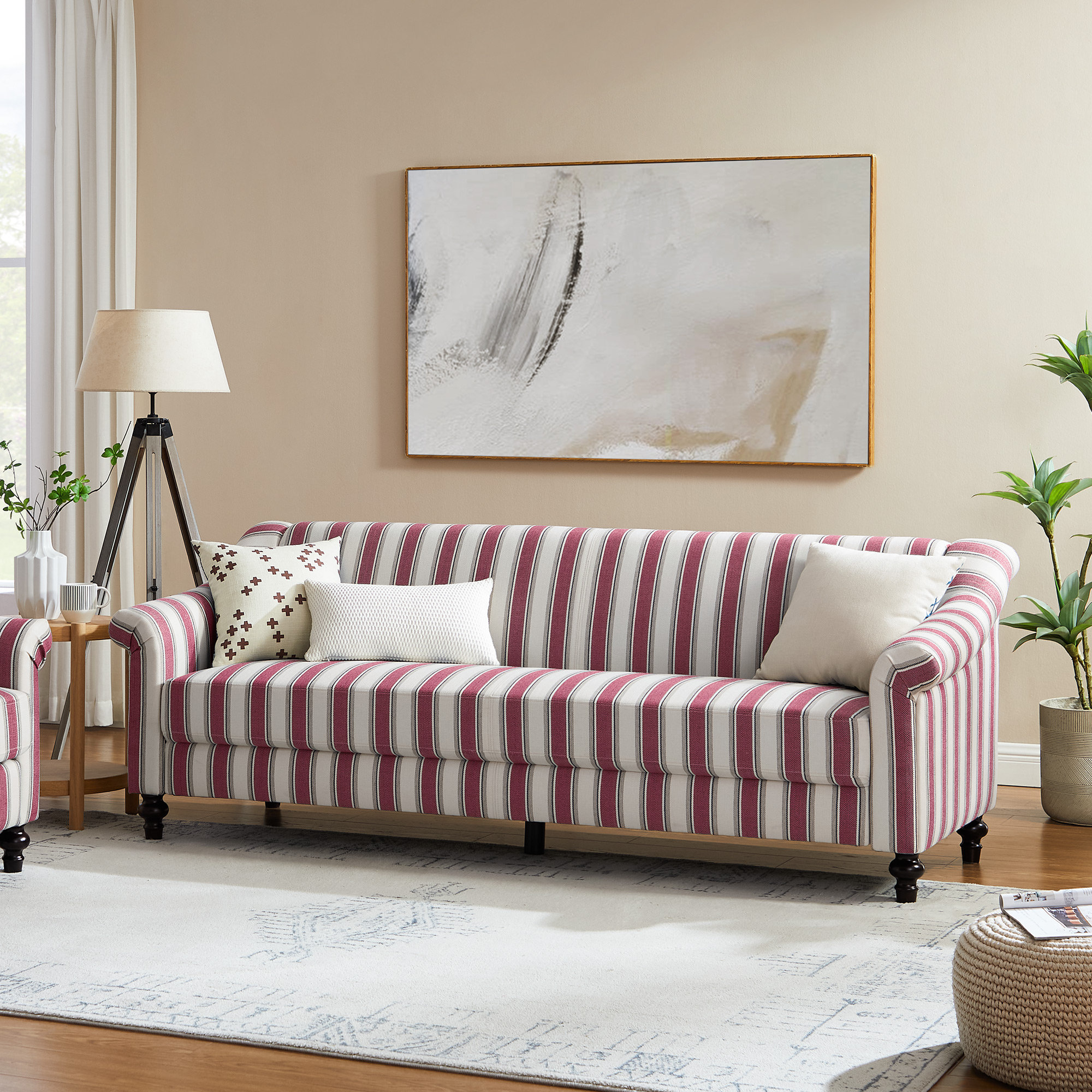 Latitude Run® 84.25In Striped Fabric Rolled Arm Sofa, 3-Seat Couch ...