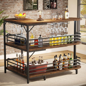 17 Stories Cocheco 3 Tier Industrial Home Bar Unit L-Shaped Liquor Bar ...