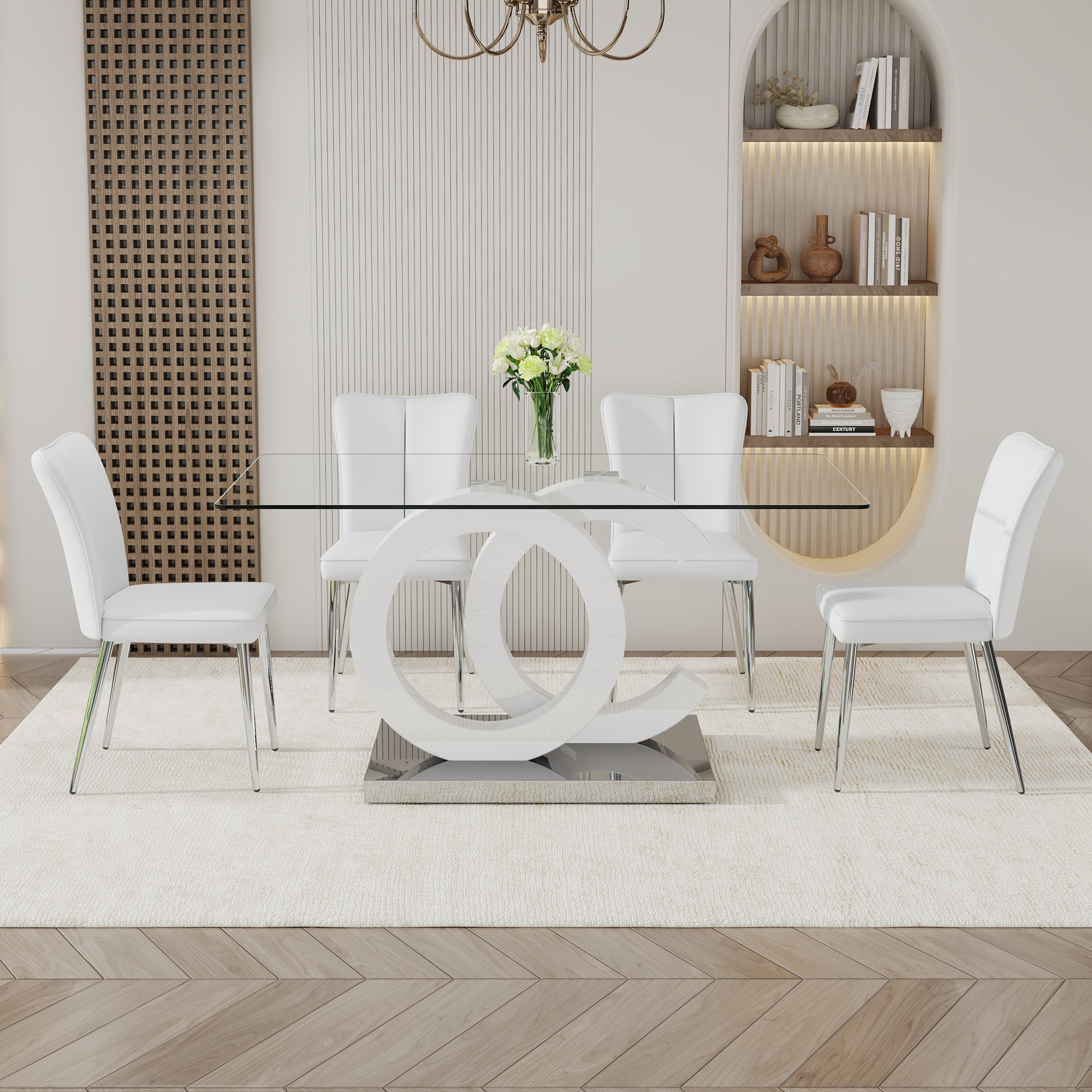 Ivy Bronx Rectangular Transprant Tempered glass Dining Tabletop with White MDF OC shaped bracket ...