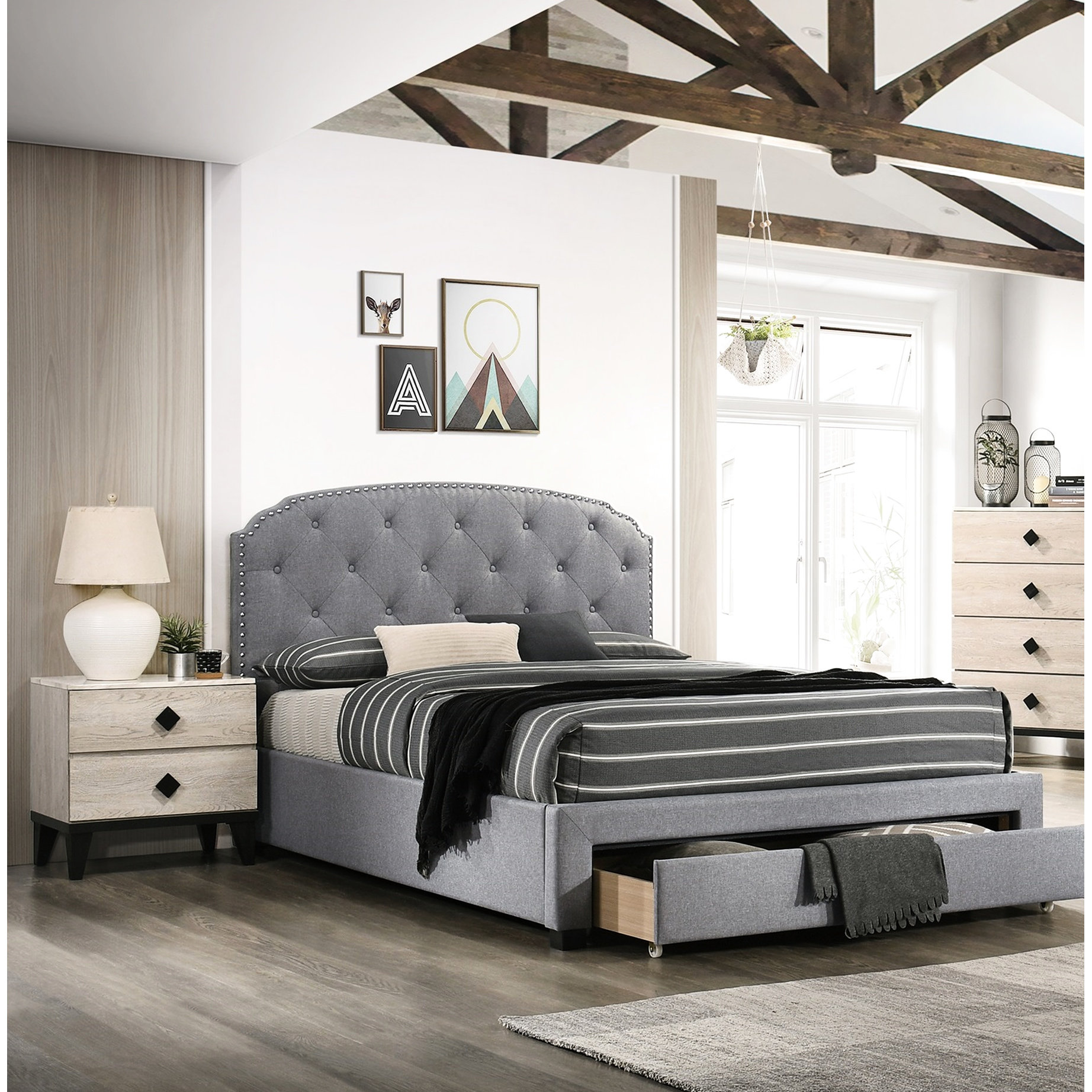 Lark Manor™ Grey Burlap Bed With Button Headboard And Underbed Storage ...