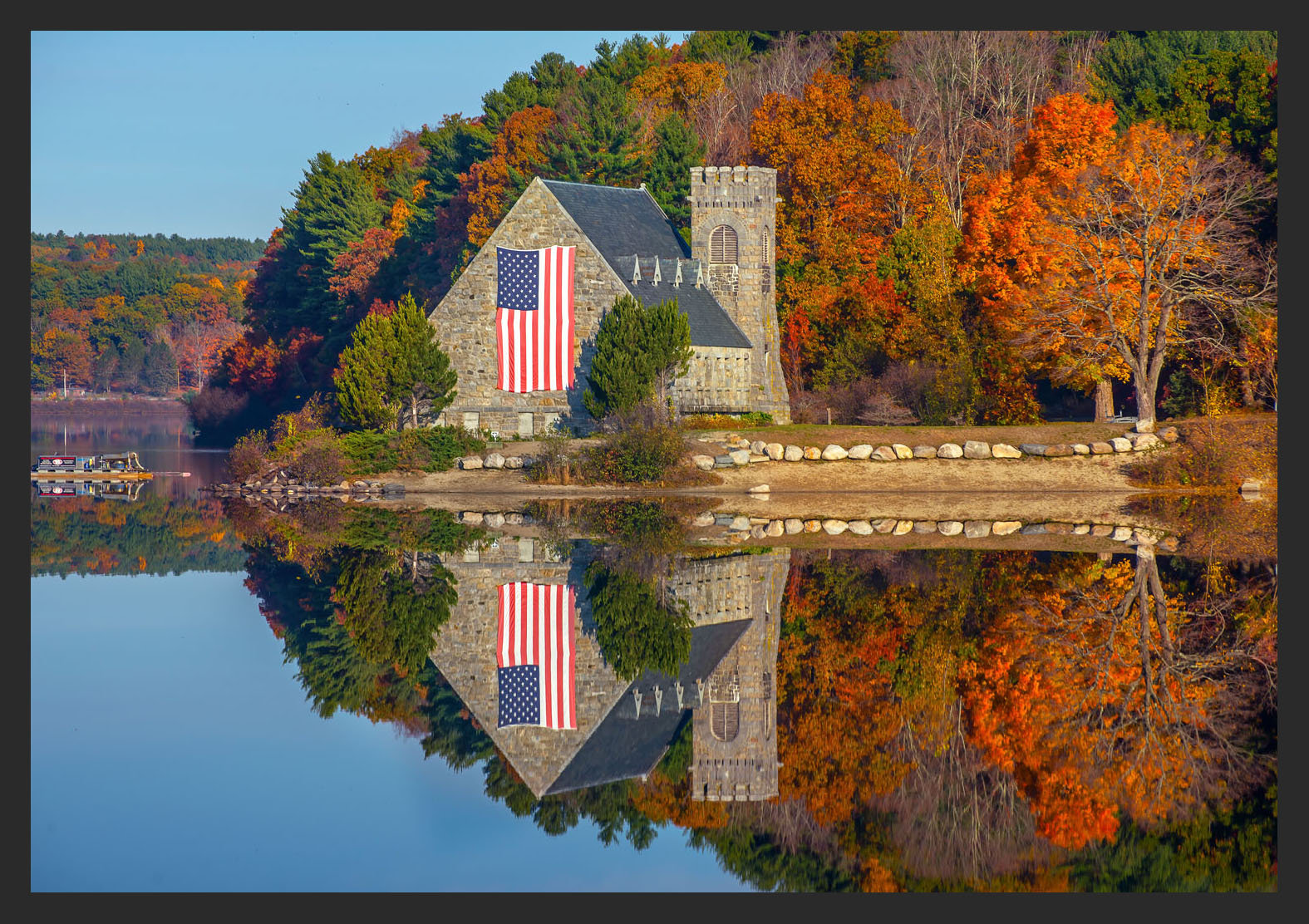 Ebern Designs Patriotic Stone Church In The Fall Framed On Poster Paper ...