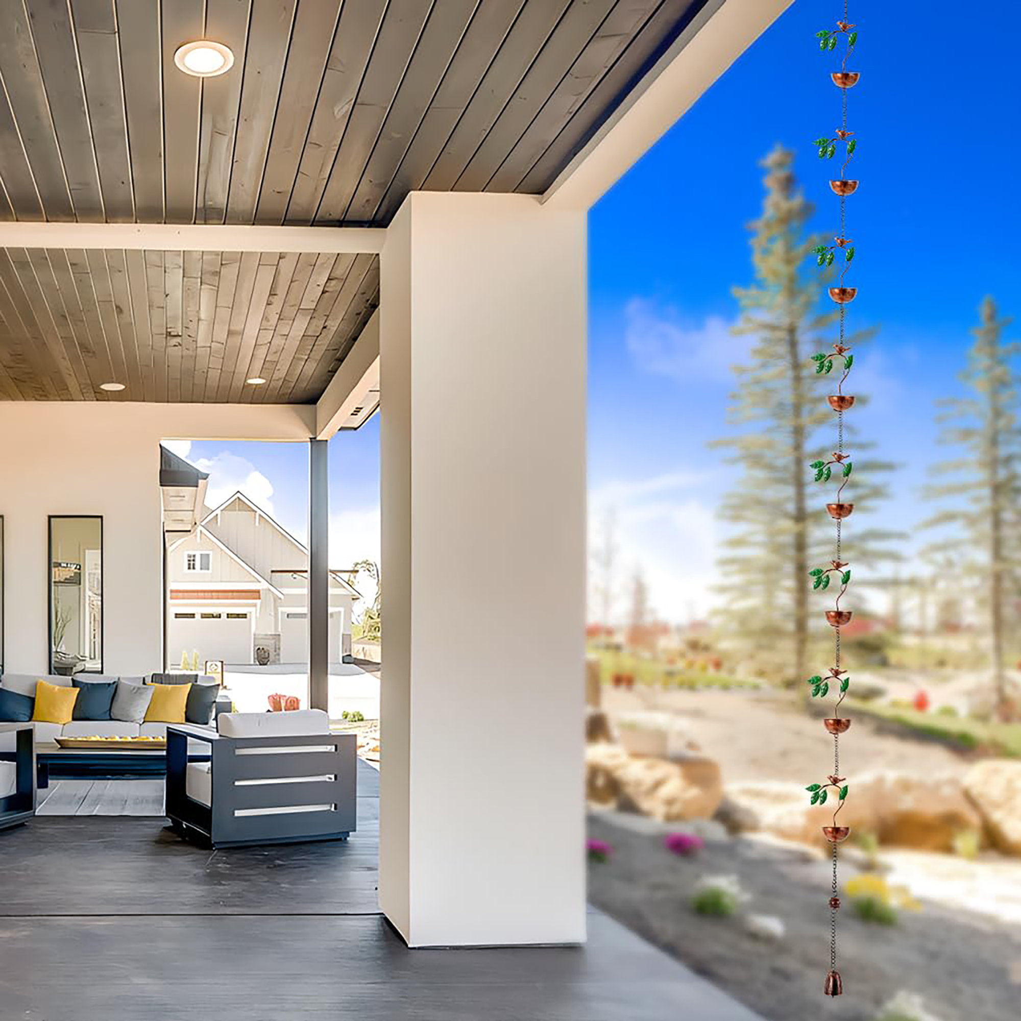 NFusion 8.76 FT Rain Chain Outdoor Rain Chain, Leaf and Bird Decorative ...