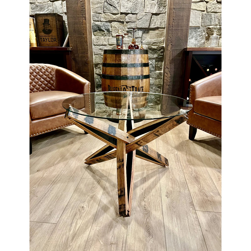 Wrought Studio™ Avilez Bourbon Barrel Stave Glass Coffee Table | Wayfair
